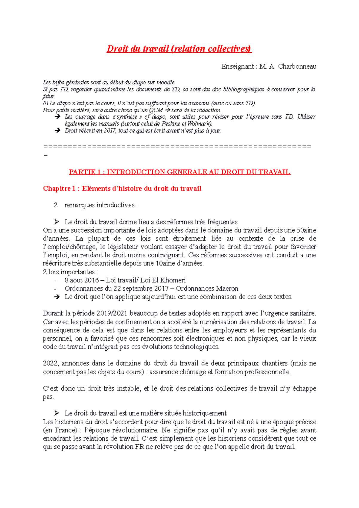 S1 - Cours Droit travail - Droit du travail (relation collectives ...