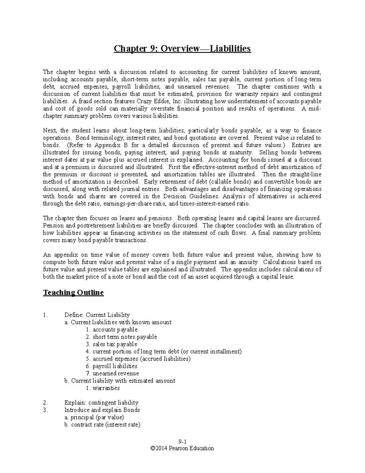 Chapter 9 Summary Chapter 9 Overview Liabilities The Chapter Begins