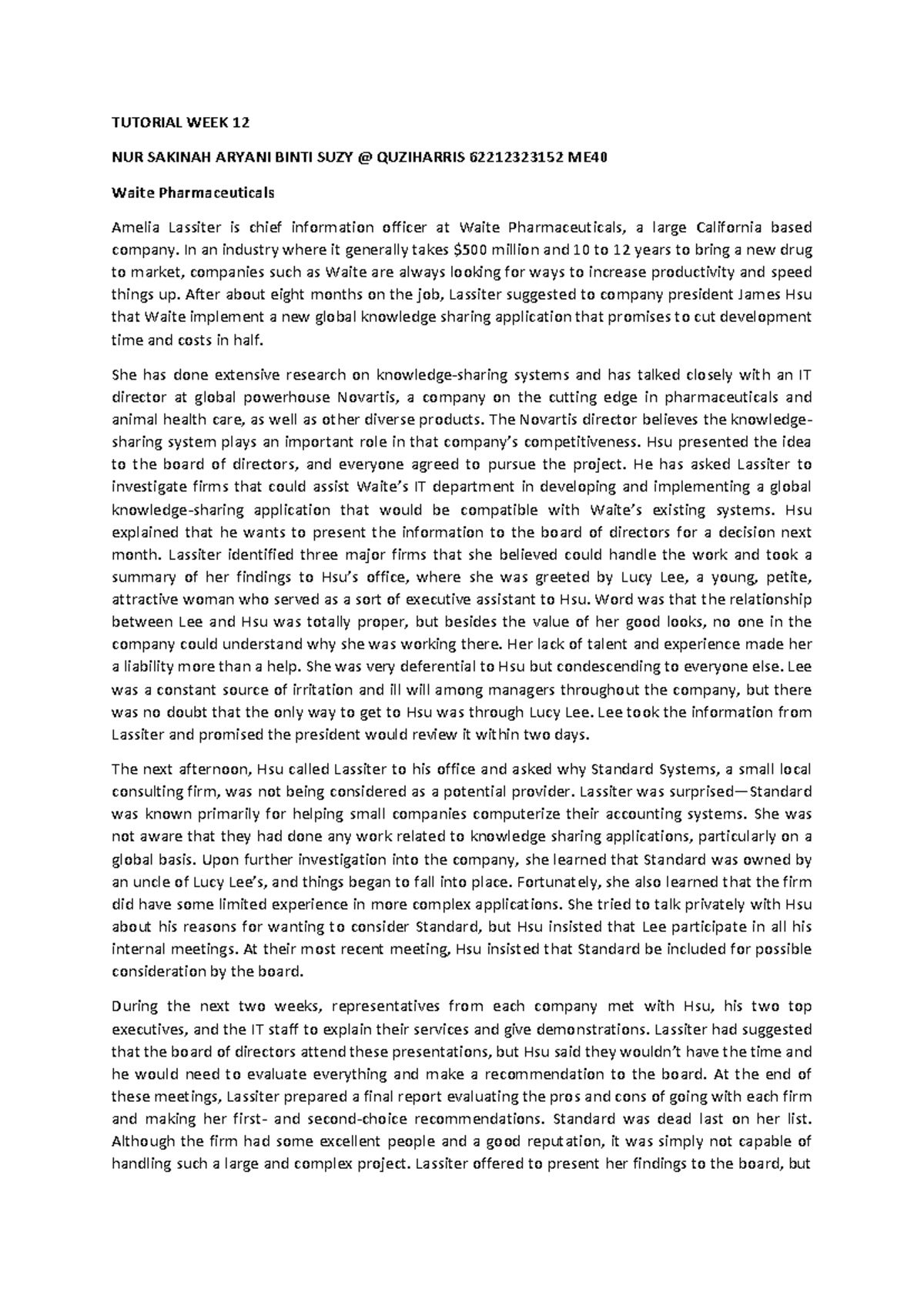 Tutorial WEEK 12 - TUTORIAL WEEK 12 NUR SAKINAH ARYANI BINTI SUZY @ QUZIHARRIS 62212323152 ME ...