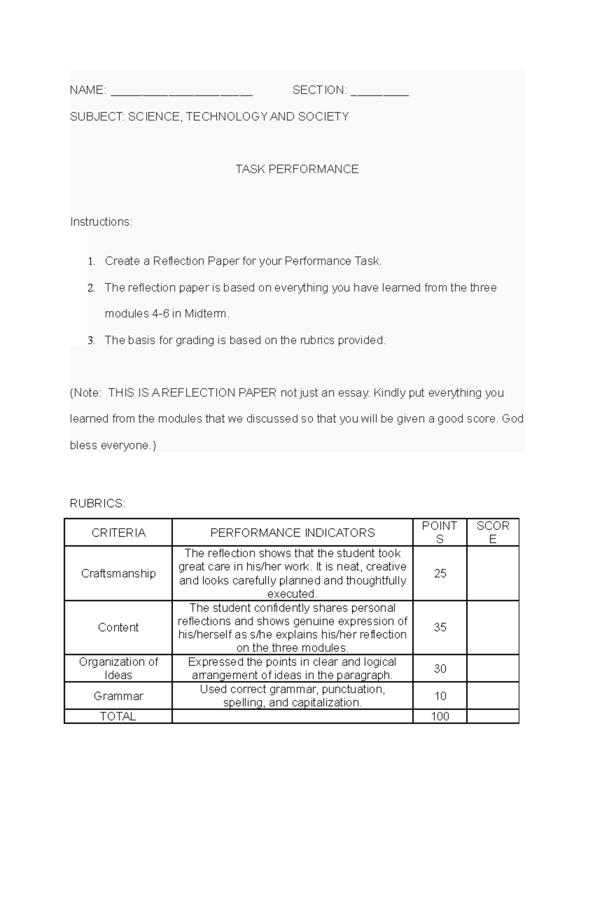 Performance TASK - Essay form - NAME: ______________________ SECTION ...