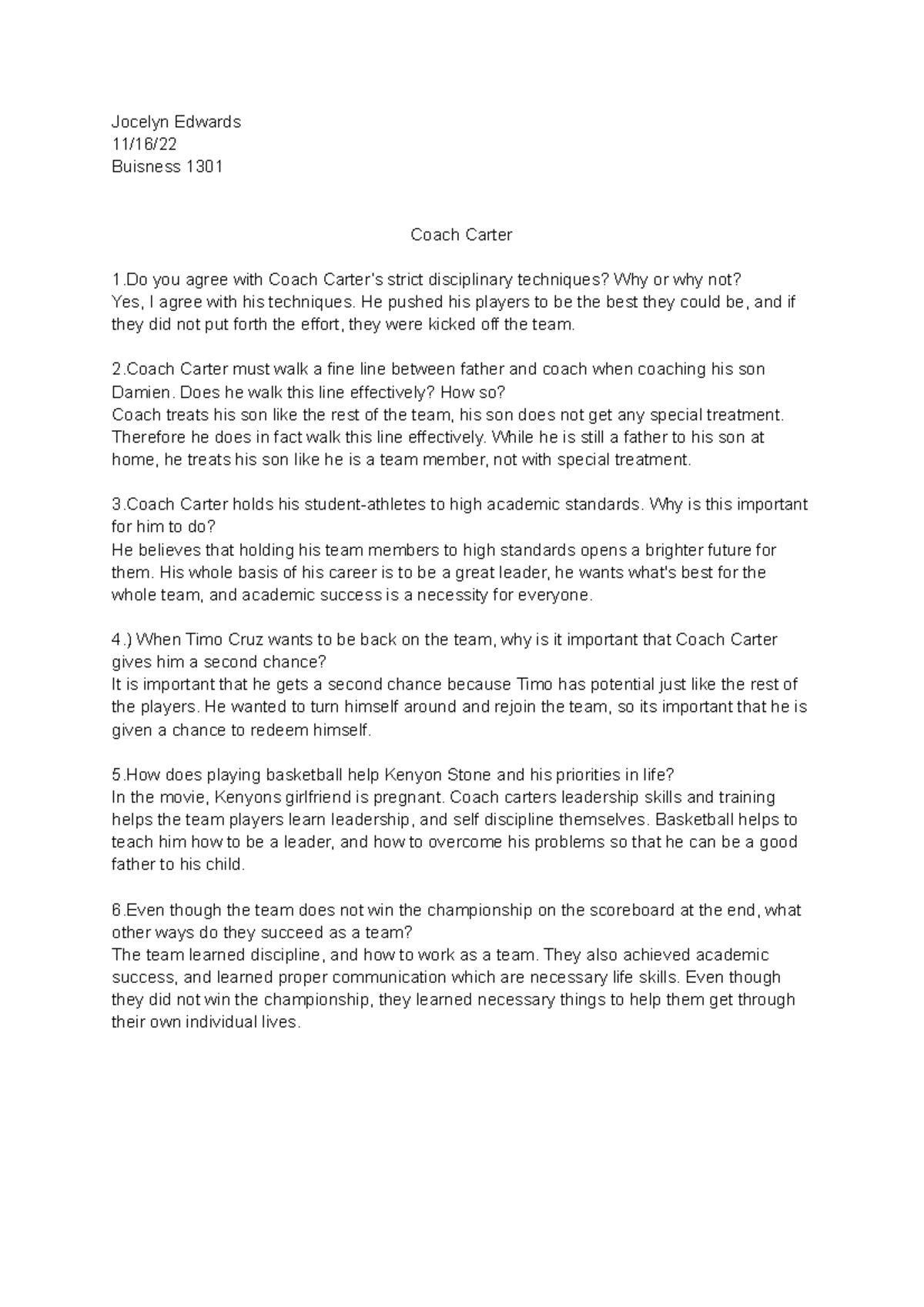 Coach Carter - Assigned Movie questions and answers - Jocelyn Edwards ...