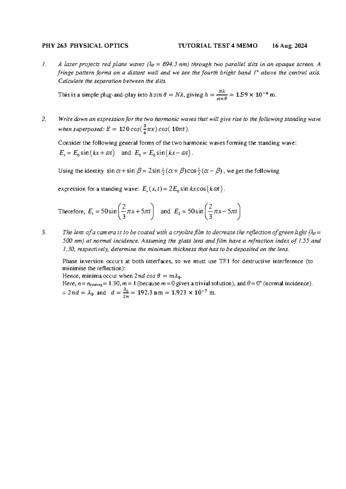 Tut Test 4 Memo Answers To Tutorial Test For Optics Phy 263 Physical Optics Tutorial Test 4