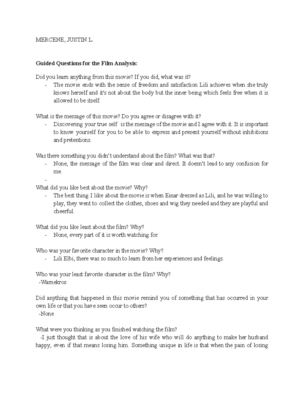 Film Analysis Mercene - MERCENE, JUSTIN L. Guided Questions for the ...