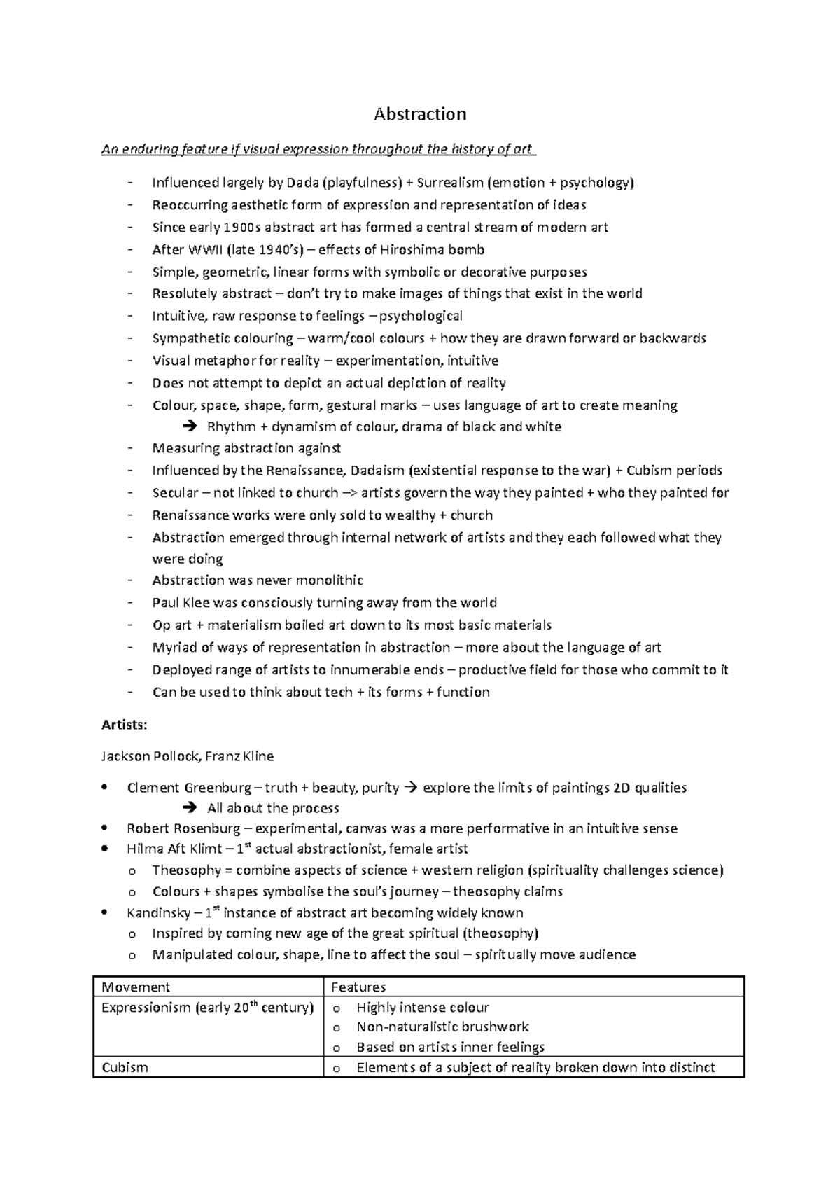 Visual Arts Abstraction Notes - Abstraction An enduring feature if ...