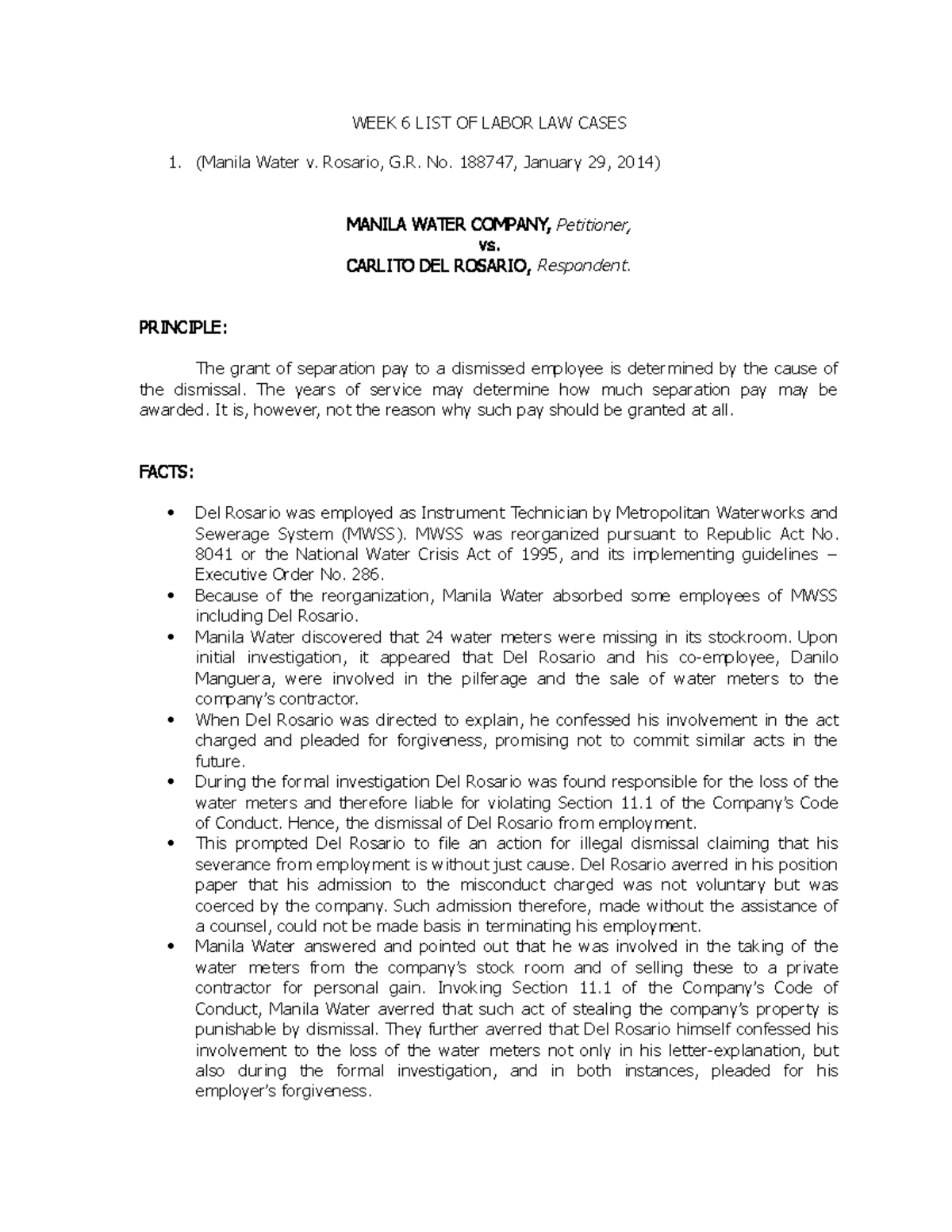 Labor law code code - WEEK 6 LIST OF LABOR LAW CASES (Manila Water v ...