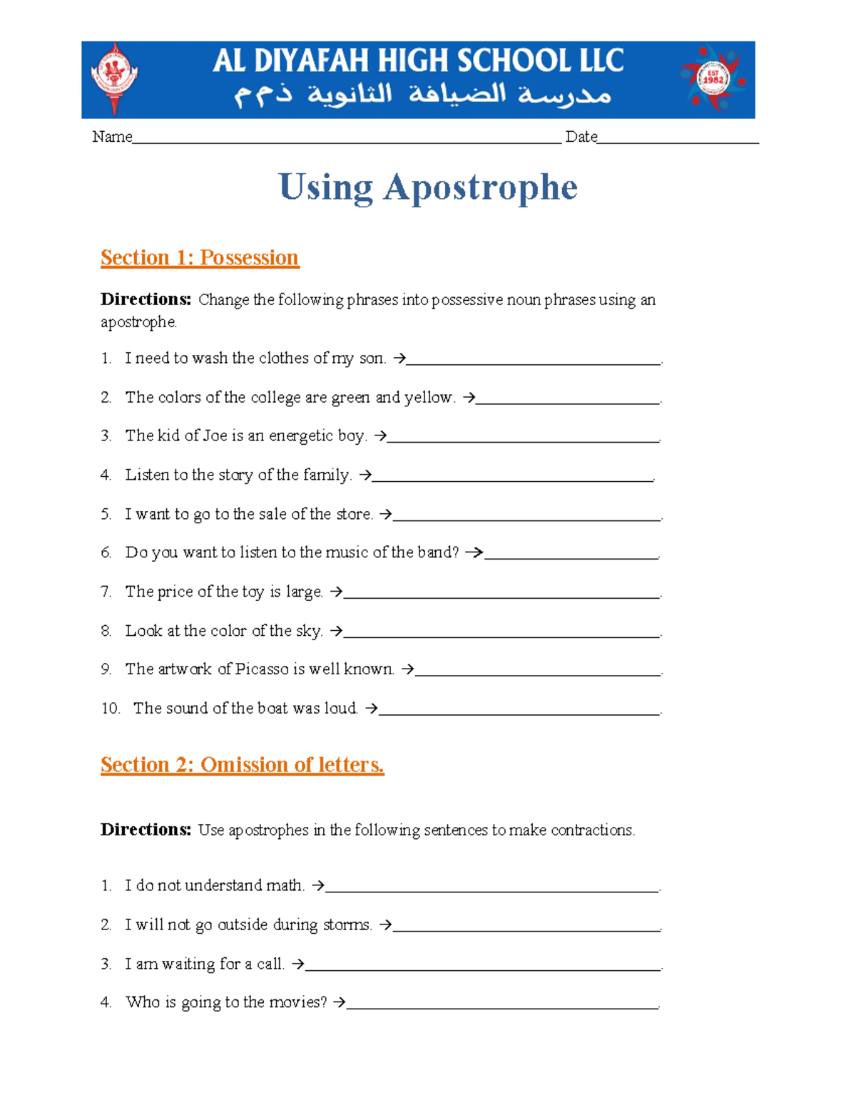 Apostrophe practice - Name Date Using Apostrophe Section 1: Possession ...