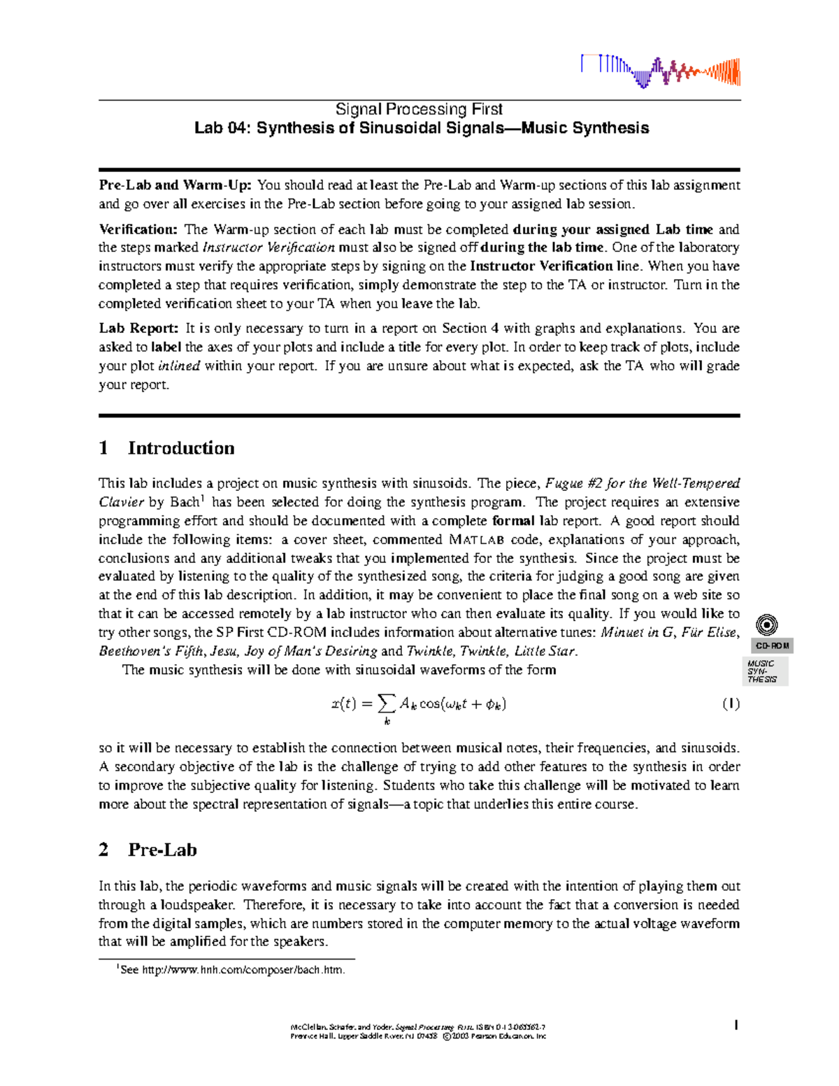 Lab 3 - Signal Processing First Lab 04: Synthesis of Sinusoidal Signals—Music Synthesis Pre-Lab ...