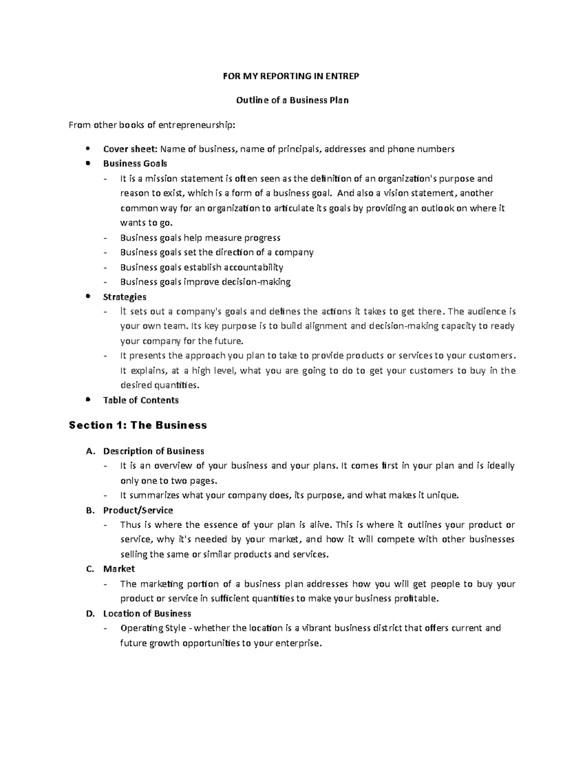 FOR MY Reporting IN Entrep - FOR MY REPORTING IN ENTREP Outline of a ...