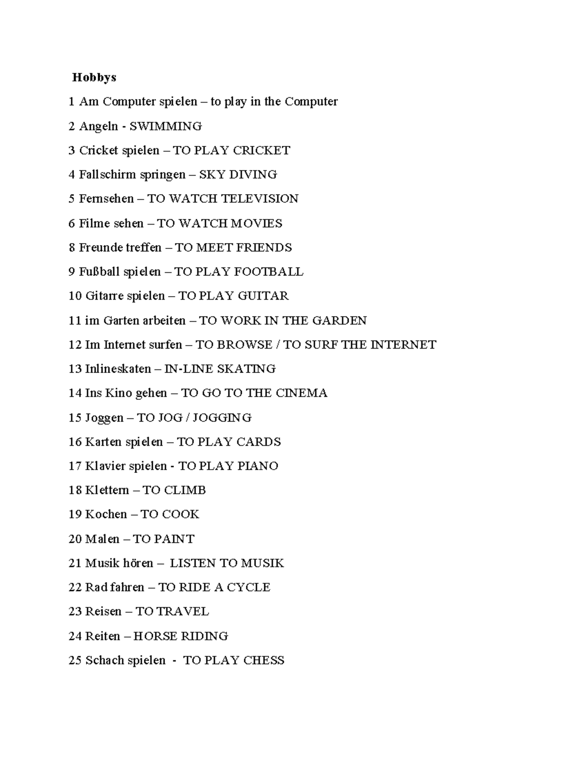 German hobbies translated - Hobbys 1 Am Computer spielen – to play in ...