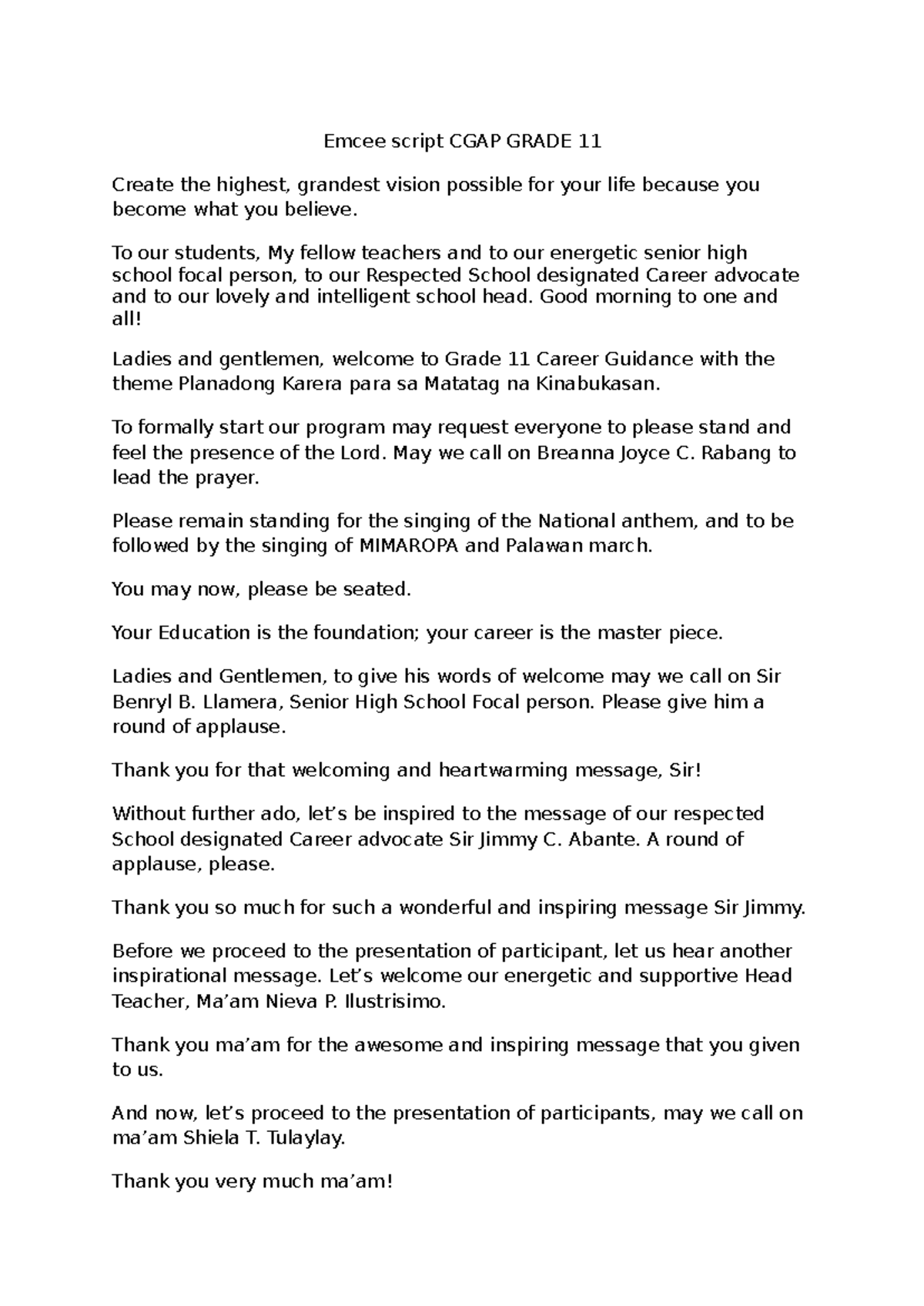 CGAP EMCEE SCRIPT - Emcee script CGAP GRADE 11 Create the highest ...