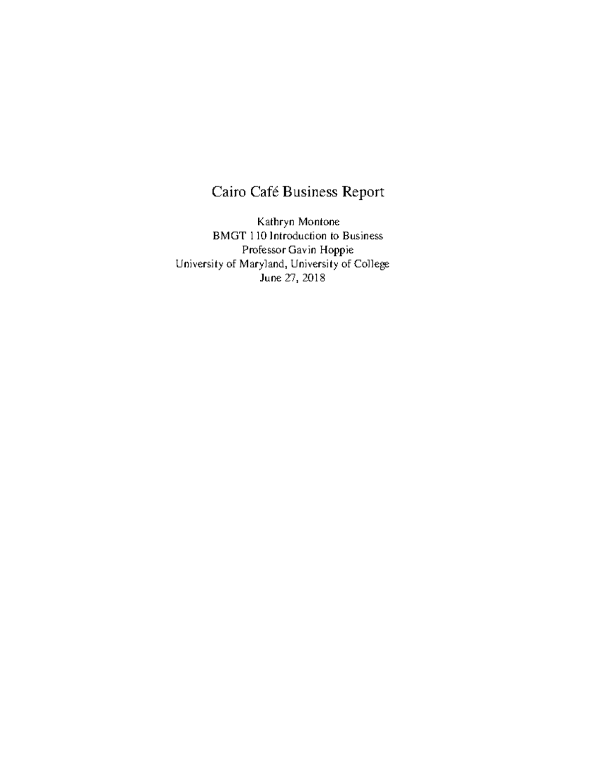 Cairo Café Business Report - Cairo Café Business Report Kathryn Montone ...
