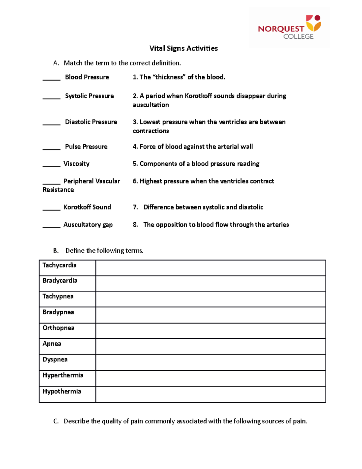 Vital Signs Pain Activity - Vital Signs Activities A. Match the term to ...
