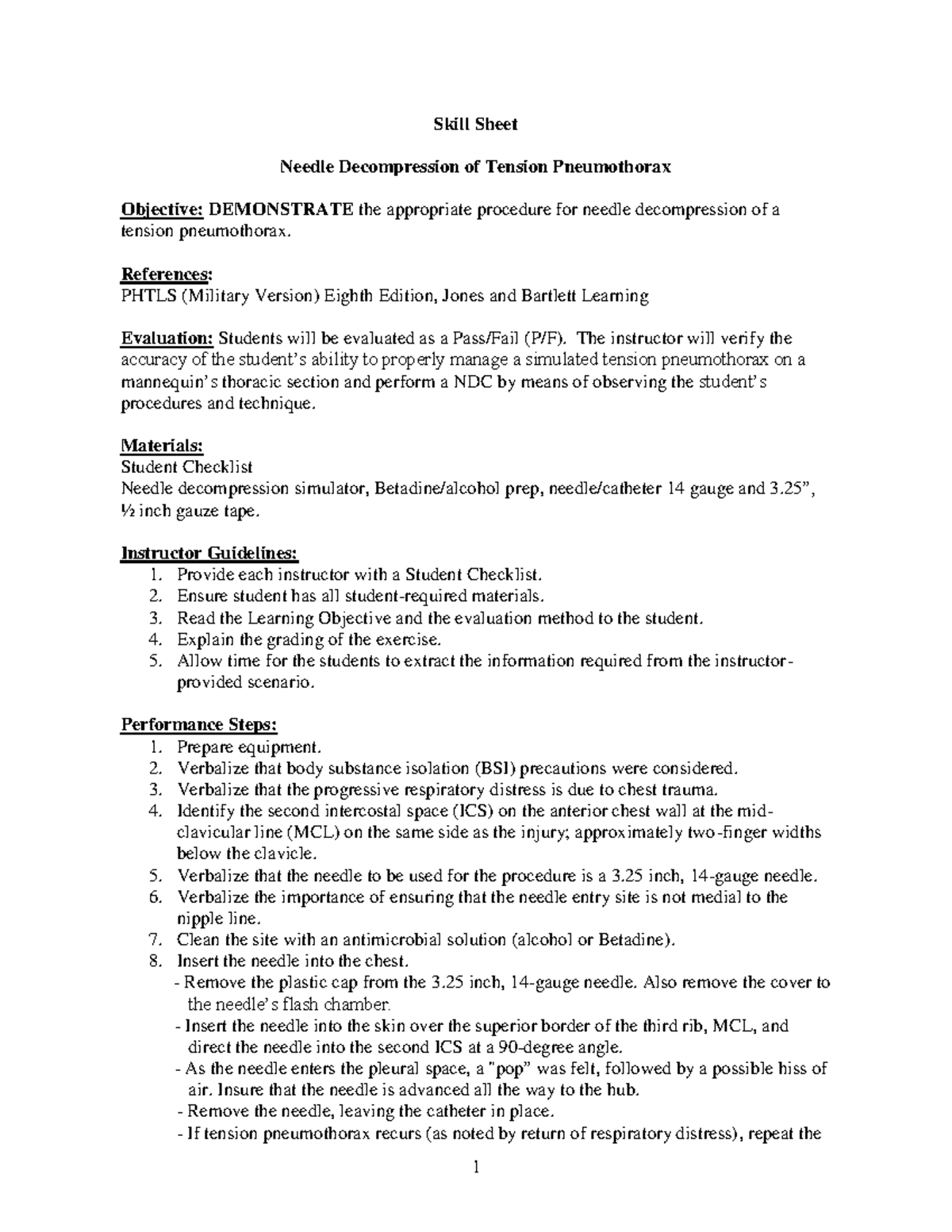 4 needle decompression skill sheet - 1 Skill Sheet Needle Decompression ...