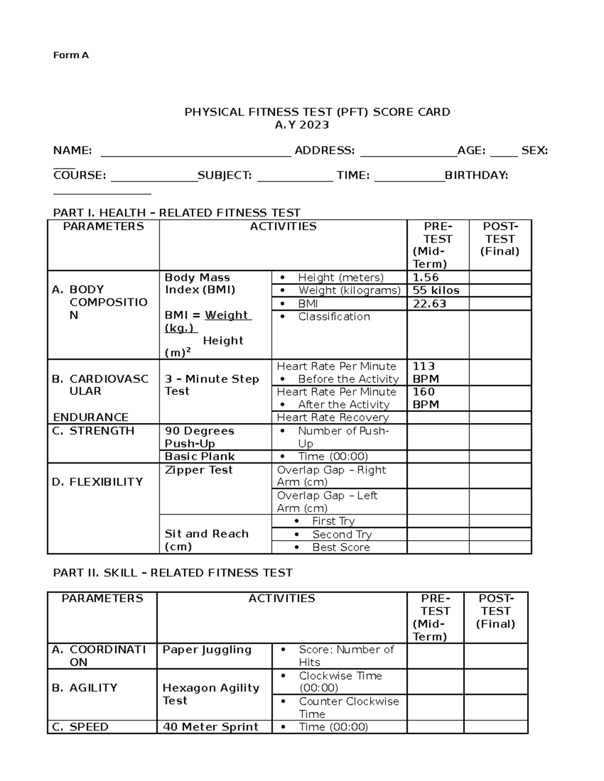 Fitness Test Score Card 1 - Form A PHYSICAL FITNESS TEST (PFT) SCORE ...
