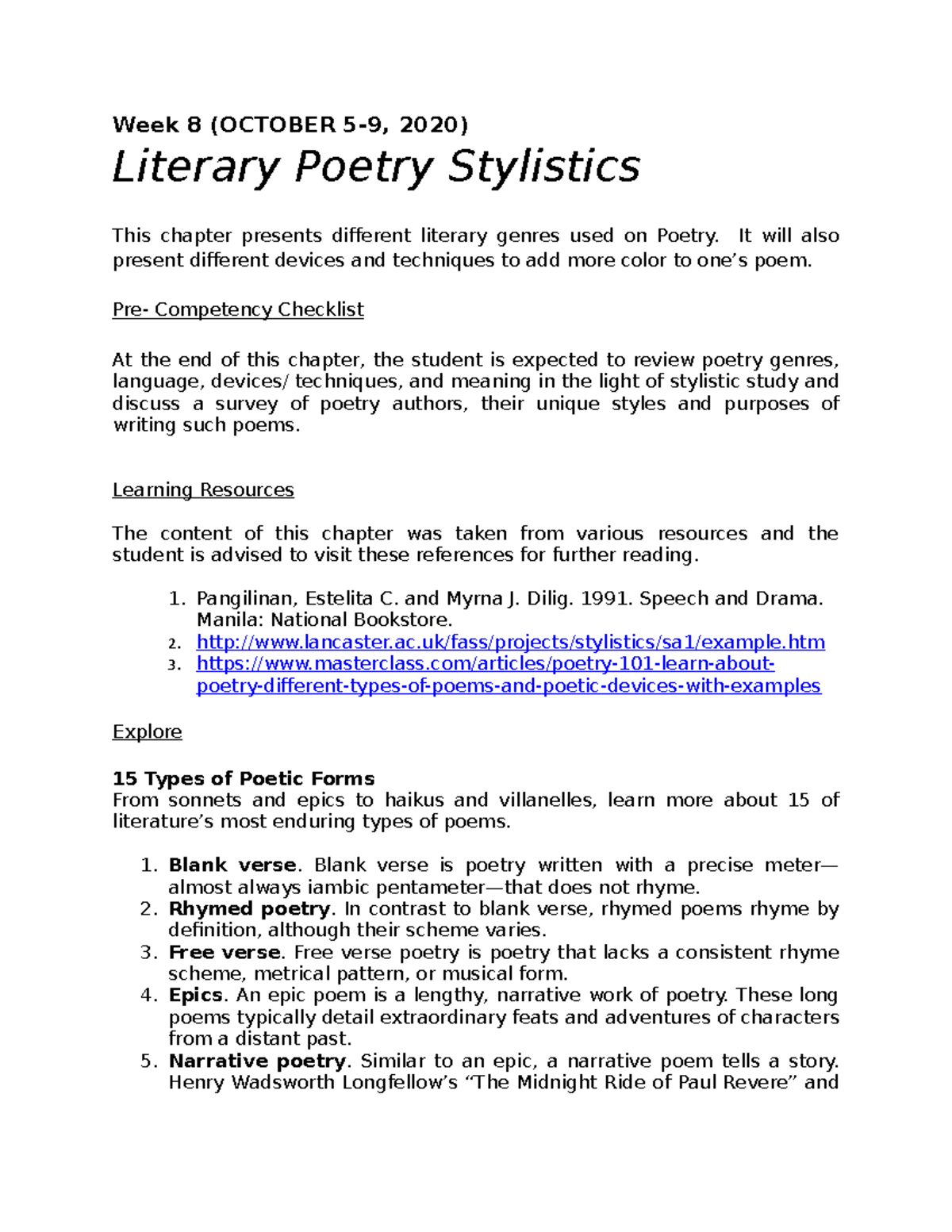 Literary Poetry Stylistics - Week 8 (OCTOBER 5-9, 2020) Literary Poetry ...