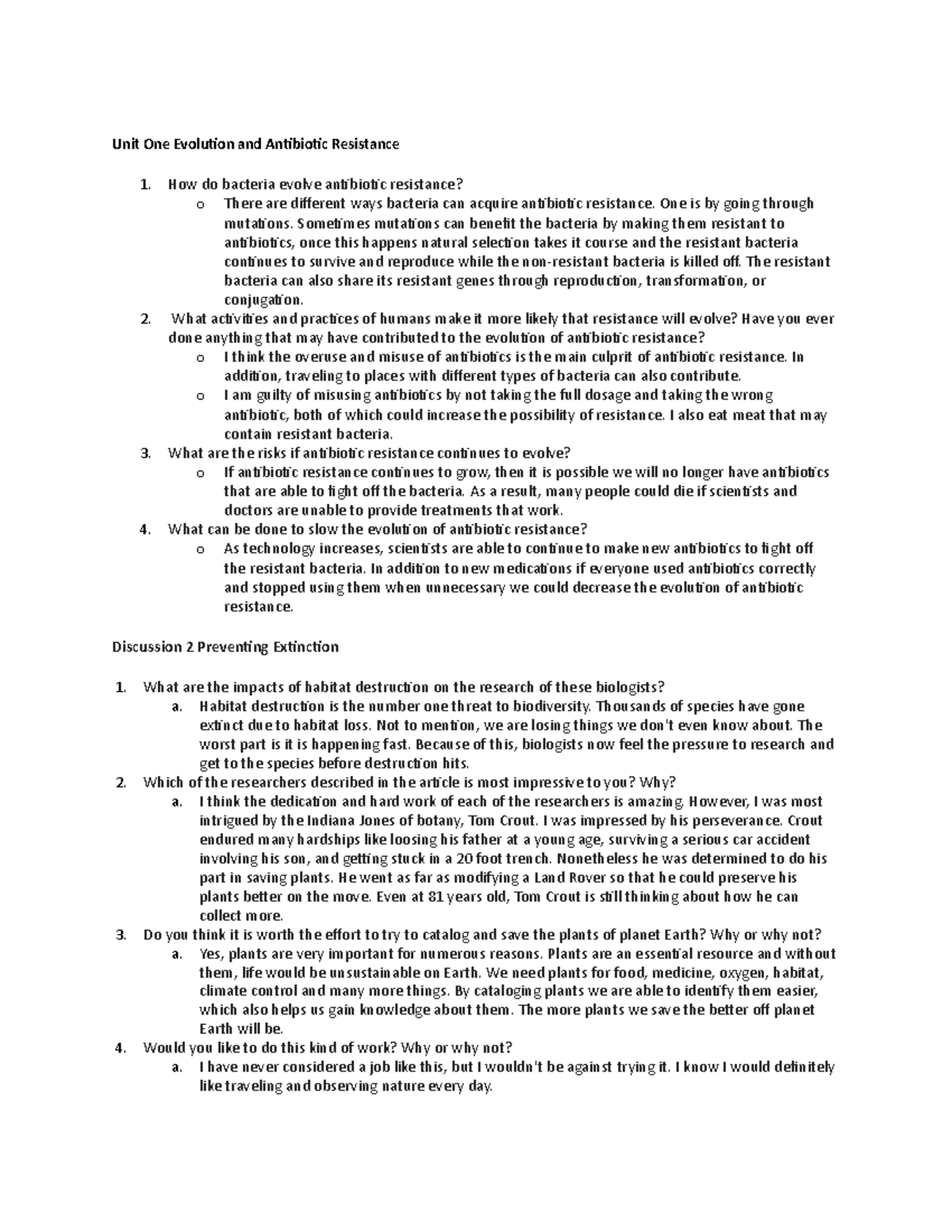 Biology 1012k Discussions 1-4 - Unit One Evolution and Antibiotic ...