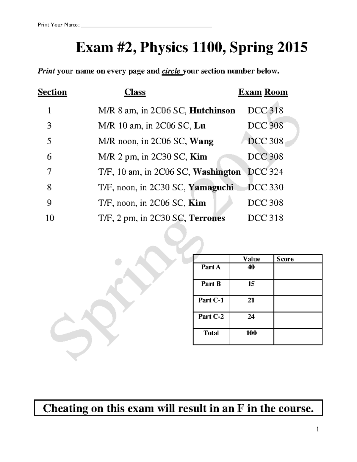 Exam 2-S15 - Back exam - Print your name on every page and circle your ...