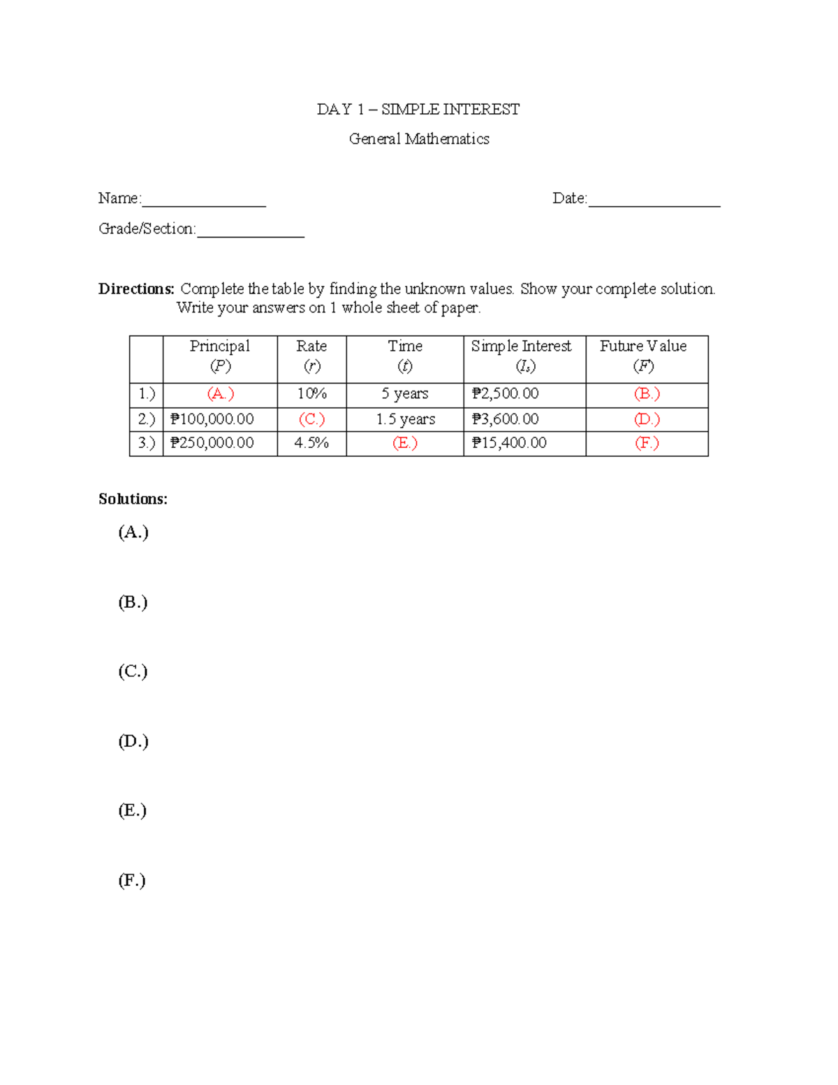 Activity-DAY-1 - activity - DAY 1 – SIMPLE INTEREST General Mathematics ...