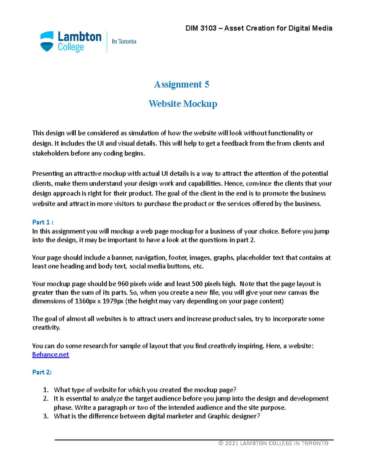 Assignment 5 Website Mockup - © 2021 LAMBTON COLLEGE IN TORONTO ...