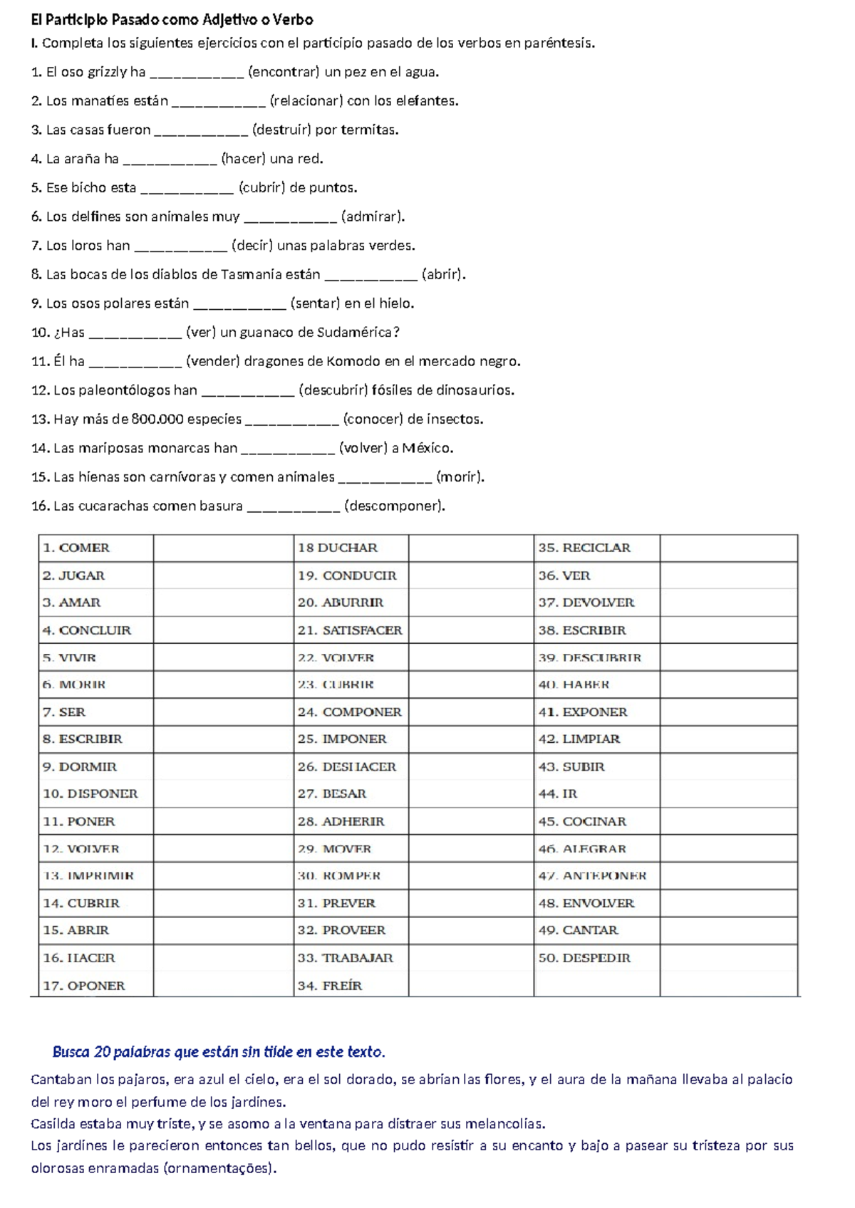 Ejercicio academia zeus - El Participio Pasado como Adjetivo o Verbo I ...