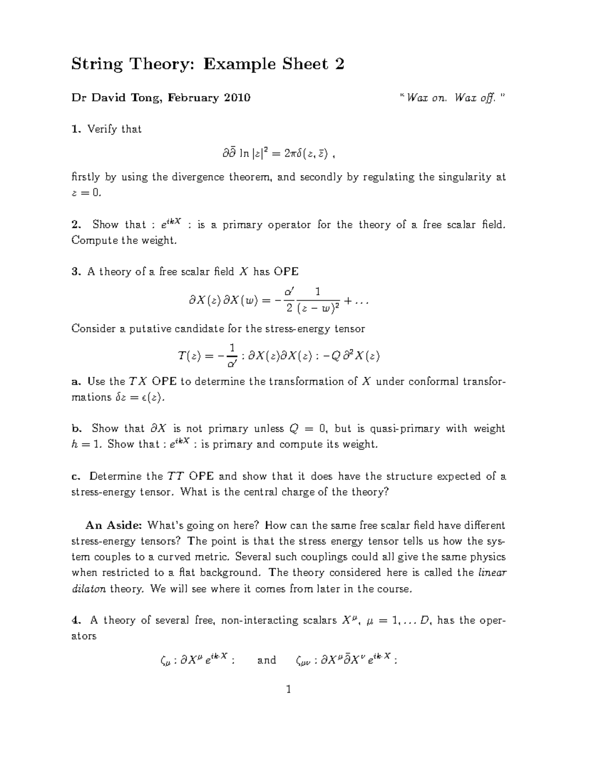 String Theory 2009 2010 Example Sheet 2 Conformal Field Theory String Theory Example Sheet