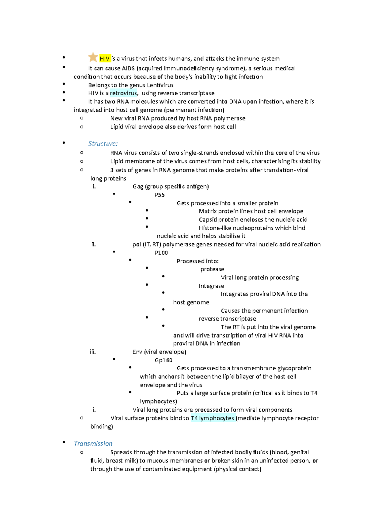 HIV - HIV lecture notes - HIV is a virus that infects humans, and ...