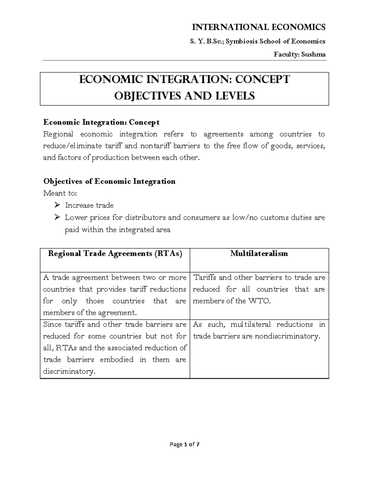 Economic Integration Concept and Levels - S. Y. B.; Symbiosis School of ...
