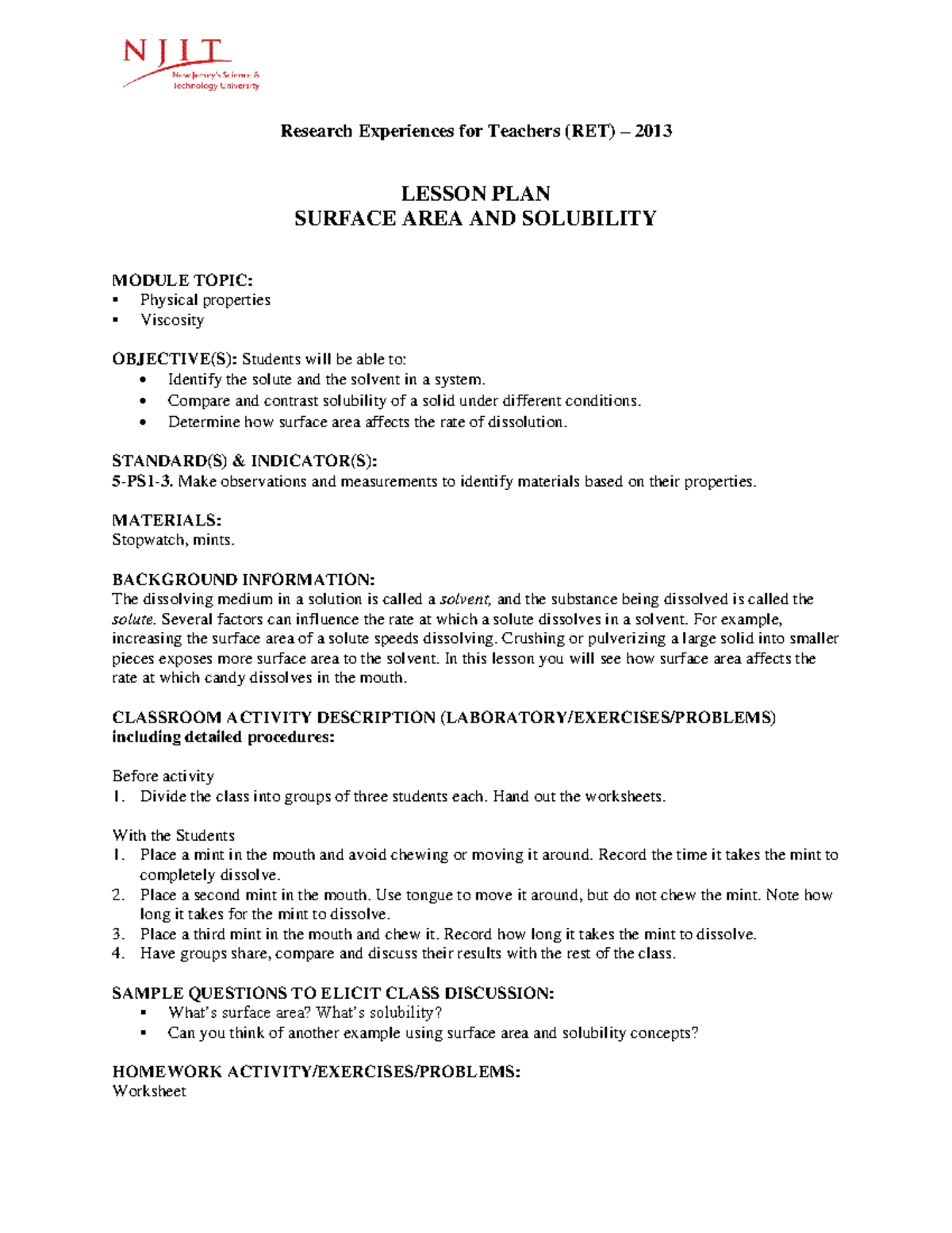 Surface Area & Solubility - Research Experiences for Teachers (RET ...