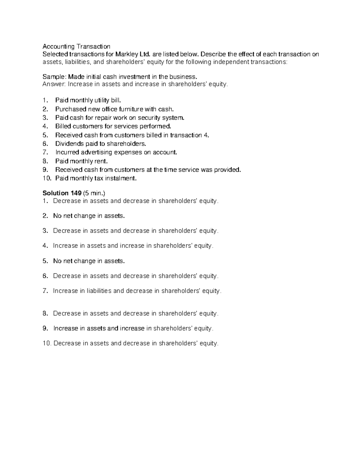 Practice Qs - Accounting Transaction Selected transactions for Markley ...