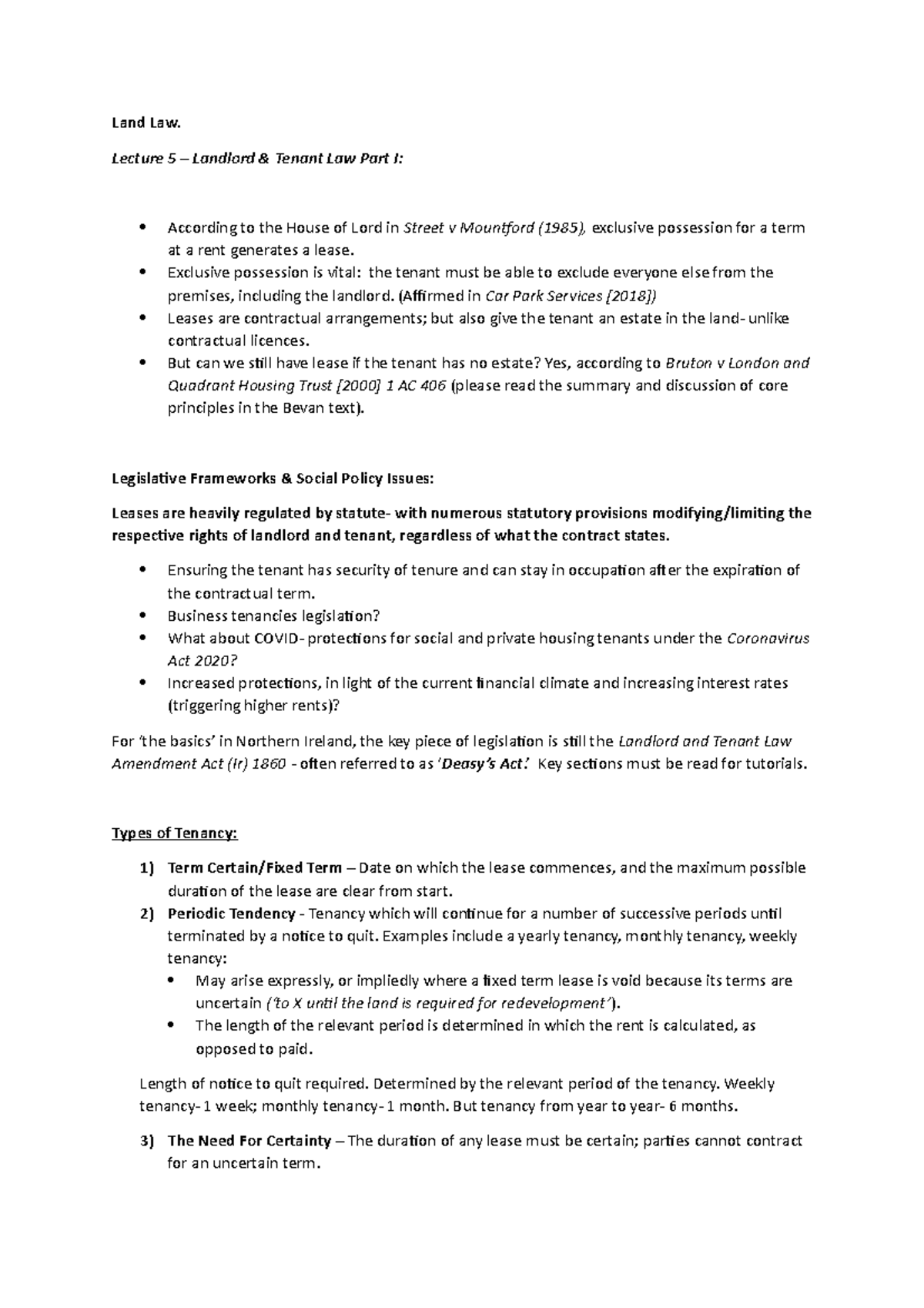 Land Law - Landlord and Tenant Law Part I - Land Law. Lecture 5 ...