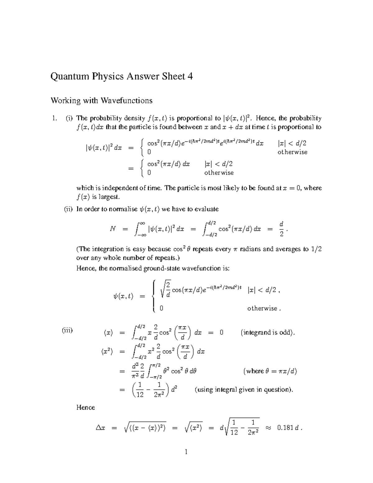 Quantum Physics 2010-2011 Problem Sheet 4 - Solutions - Quantum Physics ...