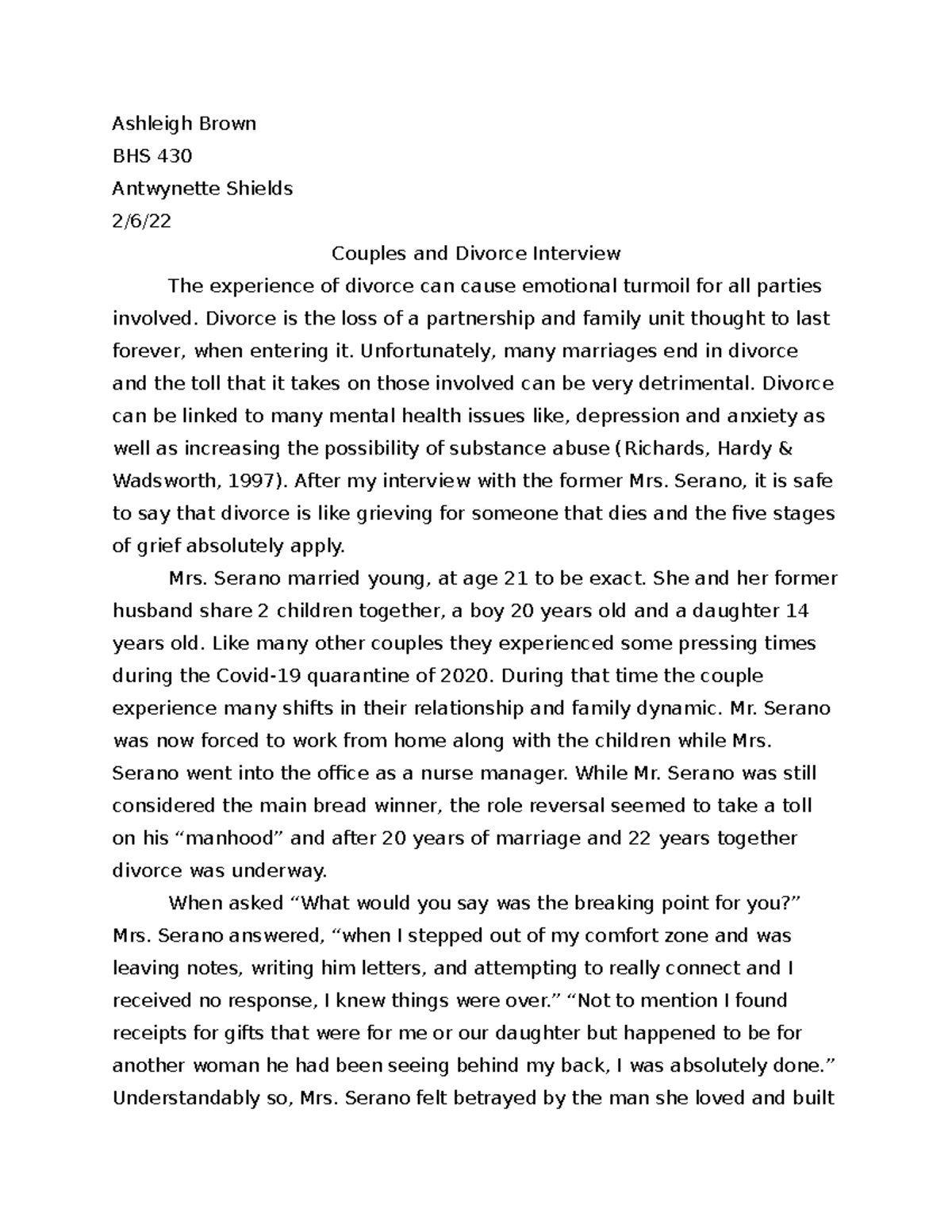 Couples and Divorce Interview - Ashleigh Brown BHS 430 Antwynette ...