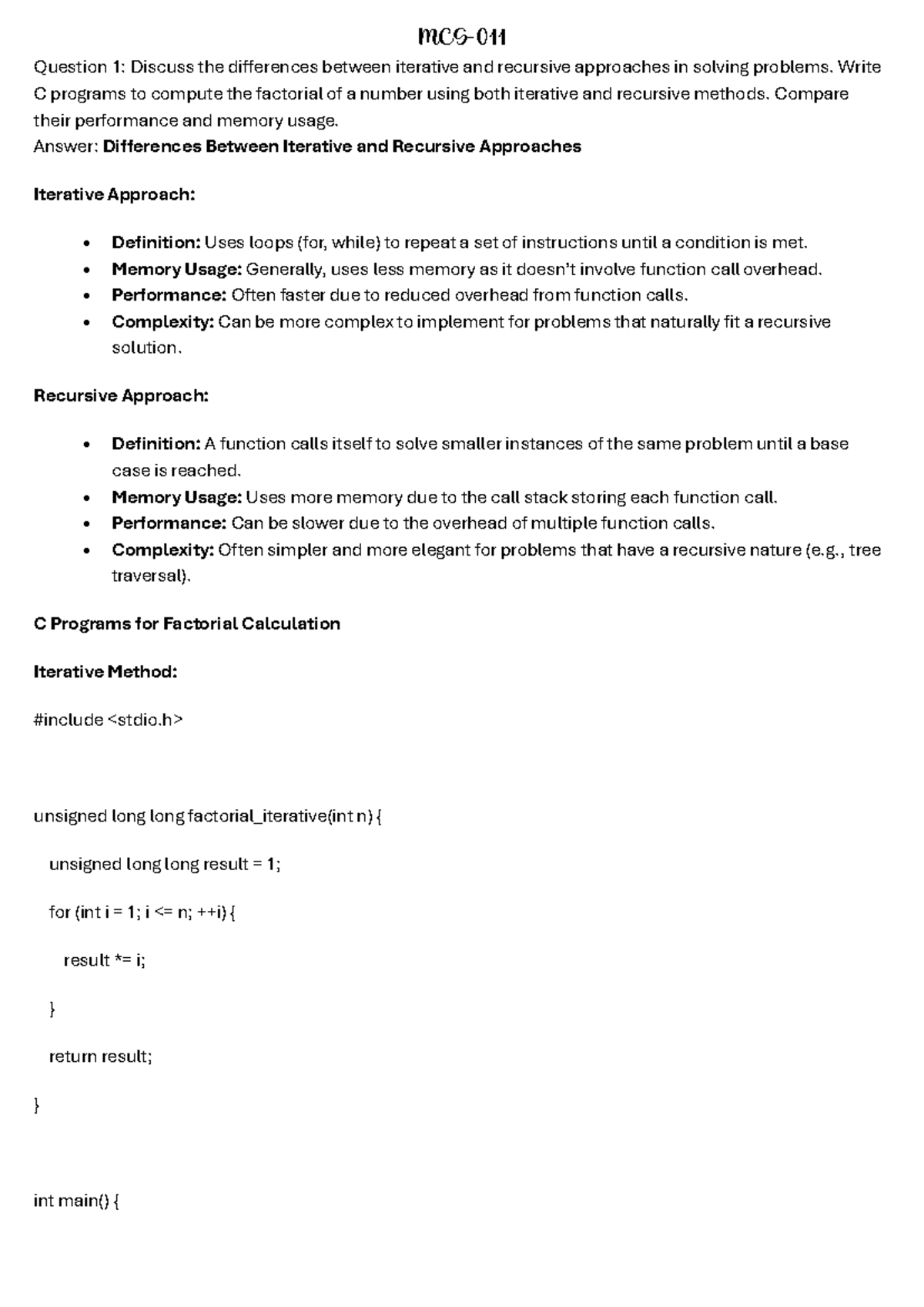 MCS-011 Assignment - Question 1: Discuss the differences between iterative and recursive ...