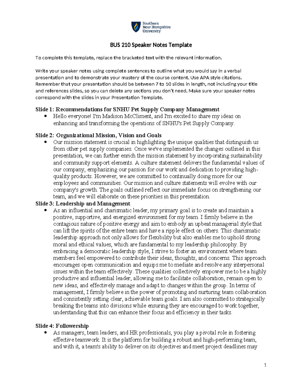 BUS 210 MOD7- Project 1 - BUS 210 Speaker Notes Template To complete ...