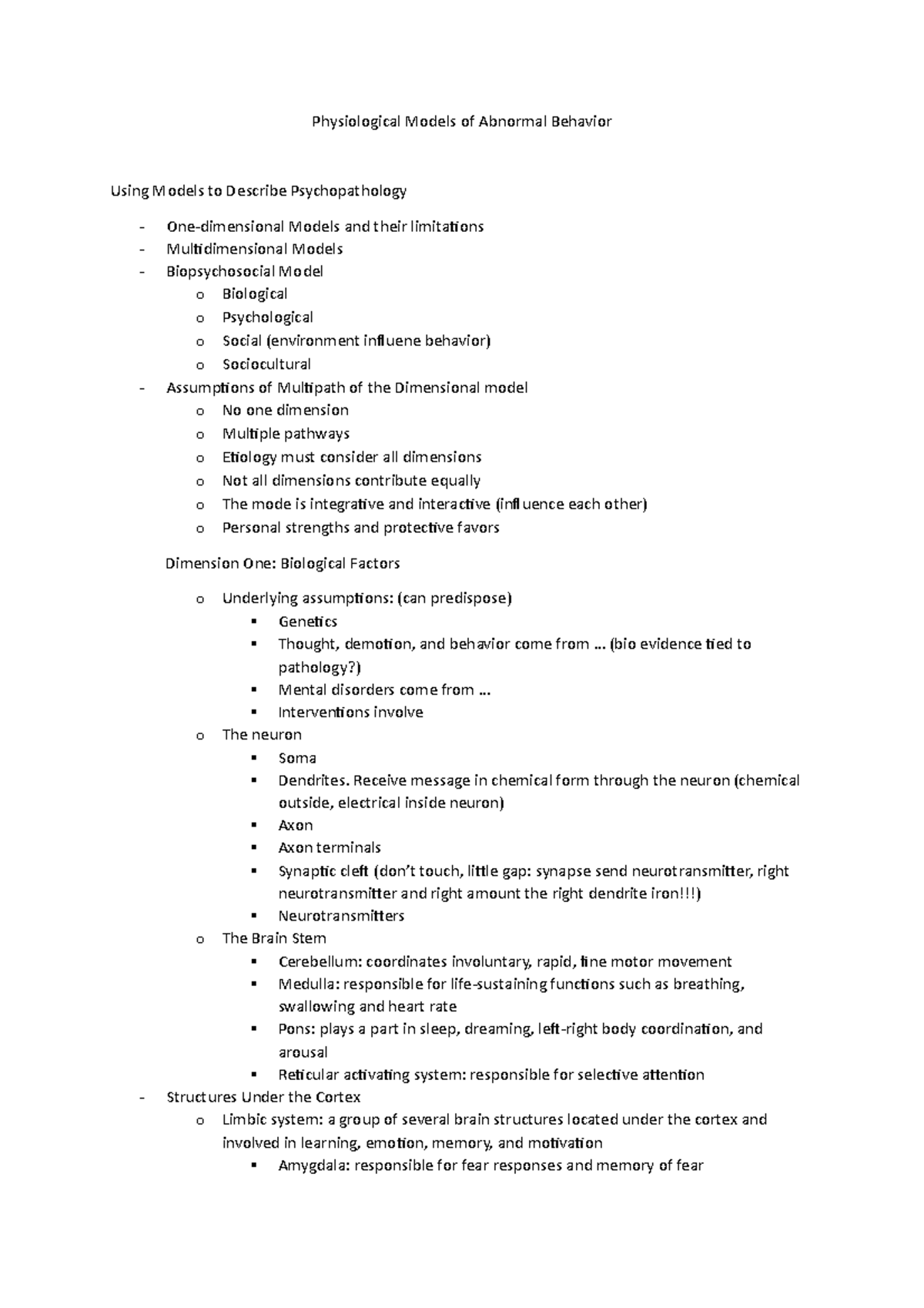 Notes 6 - Physiological Models of Abnormal Behavior - Physiological ...