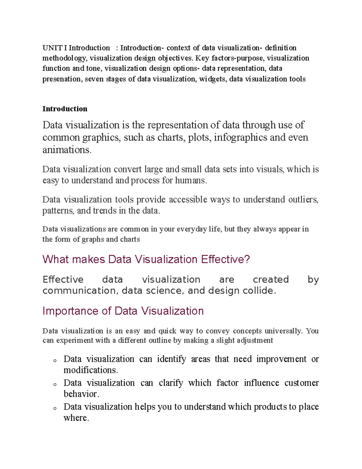UNIT I DV - UNIT I Introduction : Introduction- context of data ...