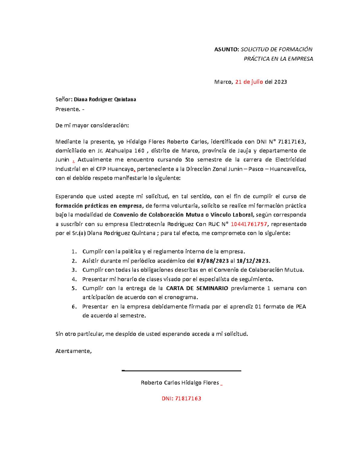 Documentos Complementarios 2023-20 - ASUNTO: SOLICITUD DE FORMACIÓN PRÁCTICA EN LA EMPRESA Marco ...