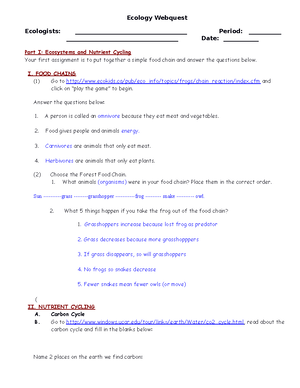 Ecology webquest day 2 key - Ecology Webquest Ecologists