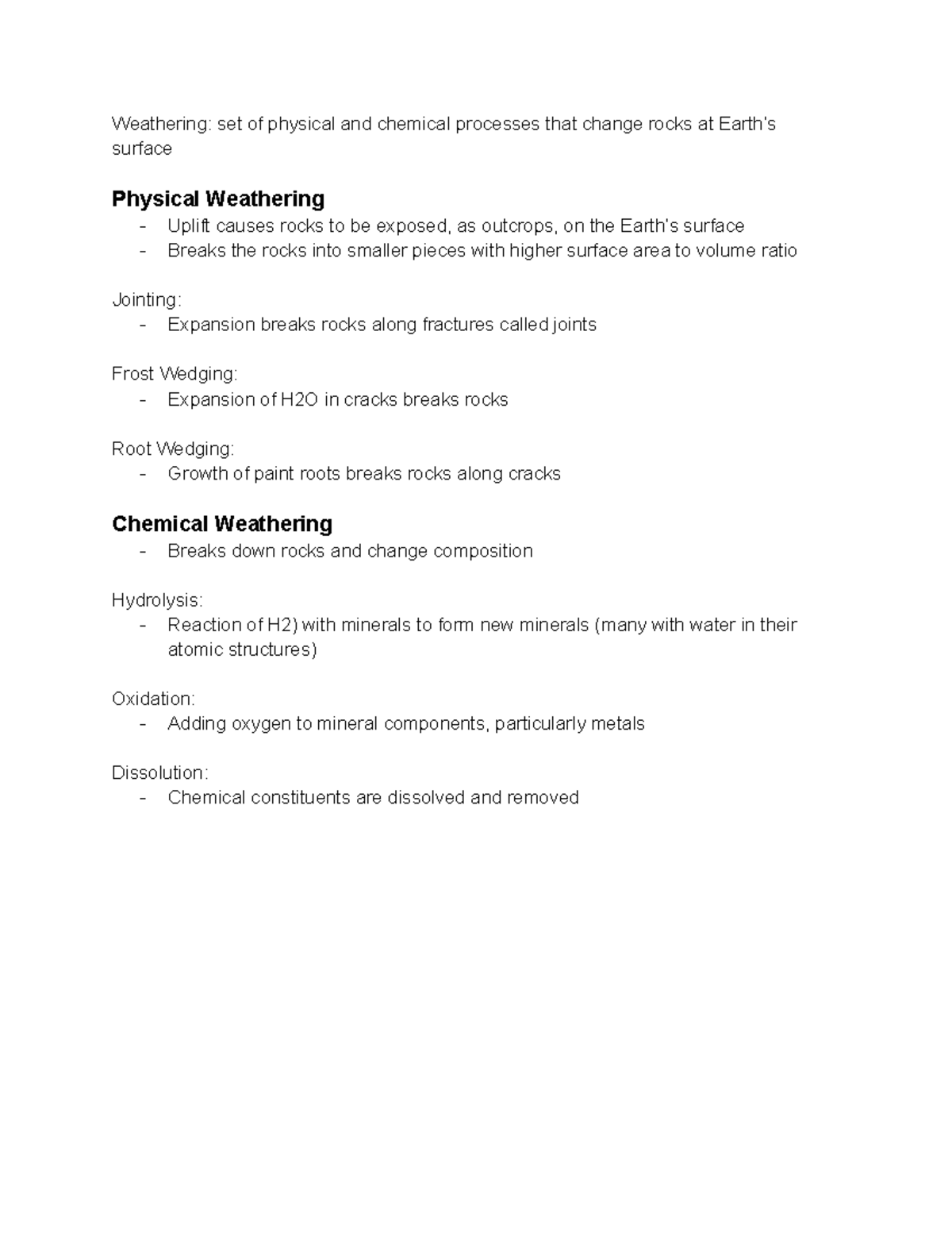 Week 5 - Notes - Weathering: set of physical and chemical processes ...