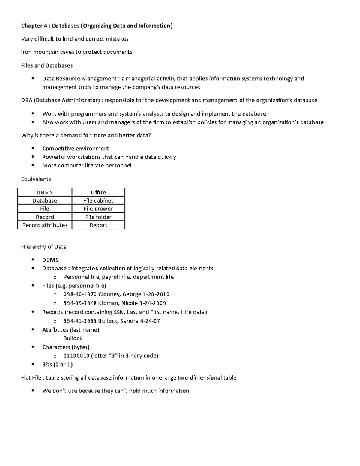 ISQS 2340 Test 3 Notes - Chapter 4 : Databases (Organizing Data and ...