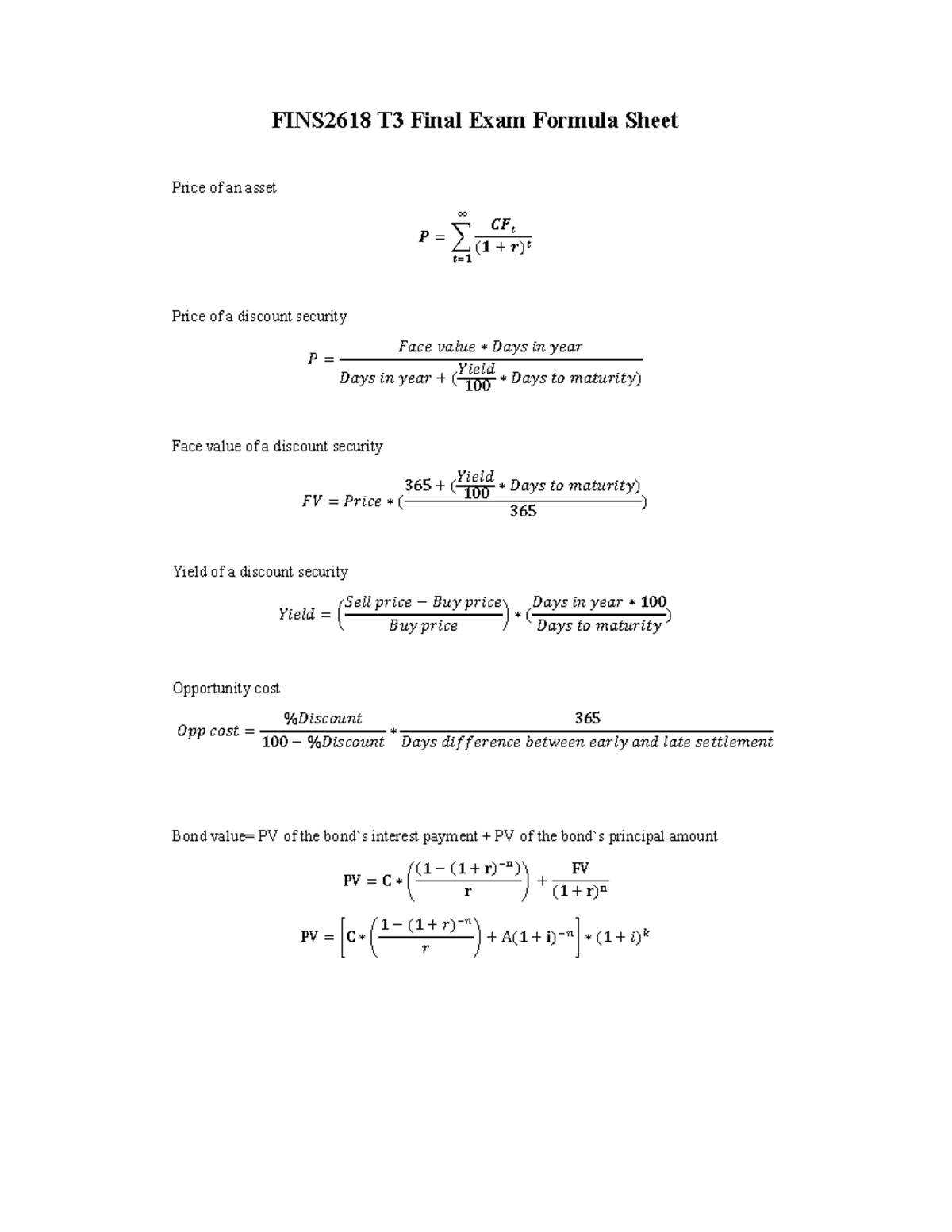 FINS2618 T3 Final Exam Formula sheet - FINS2618 T3 Final Exam Formula ...