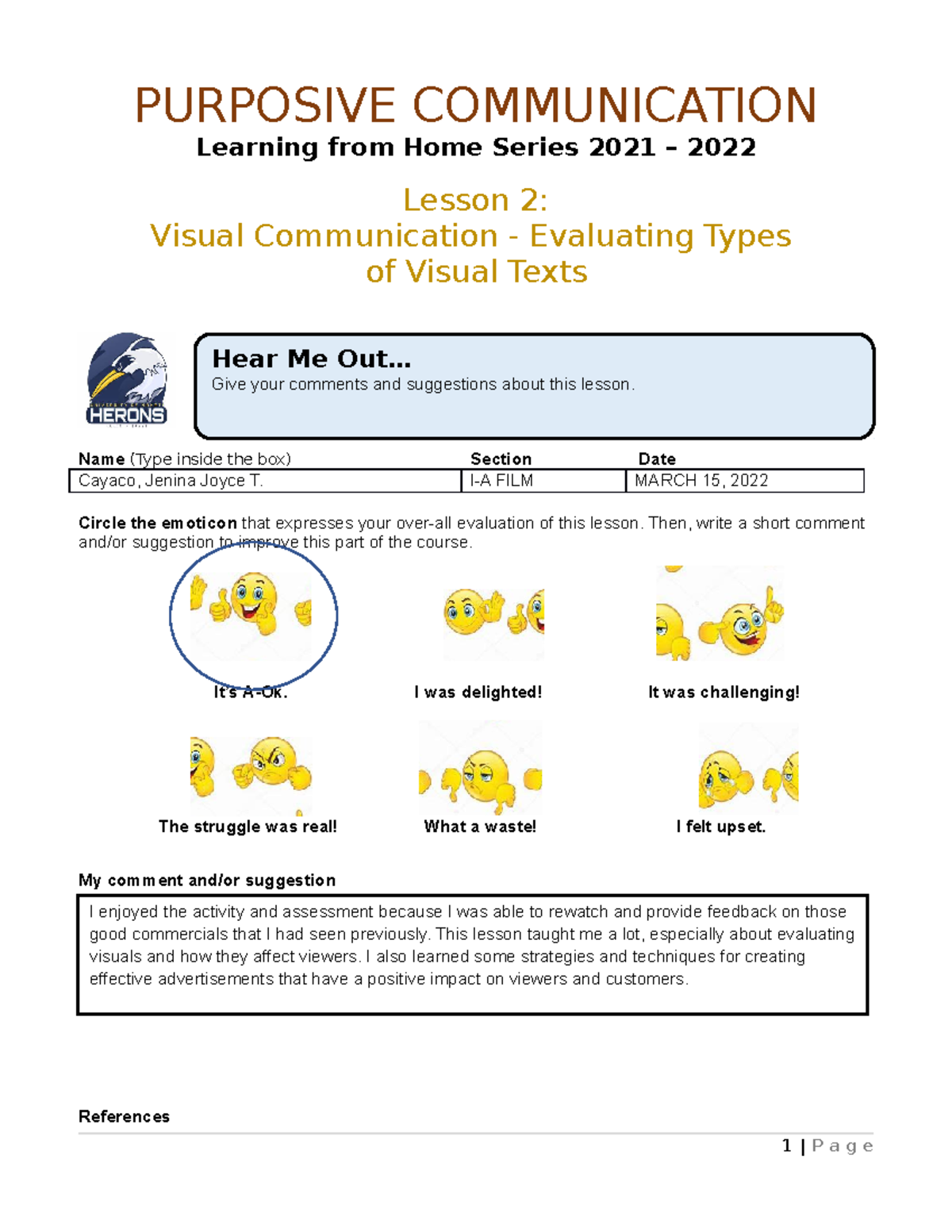 NEW GEPC Lesson 2 - Feedback Sheet and References - PURPOSIVE COMMUNICATION Learning from Home ...