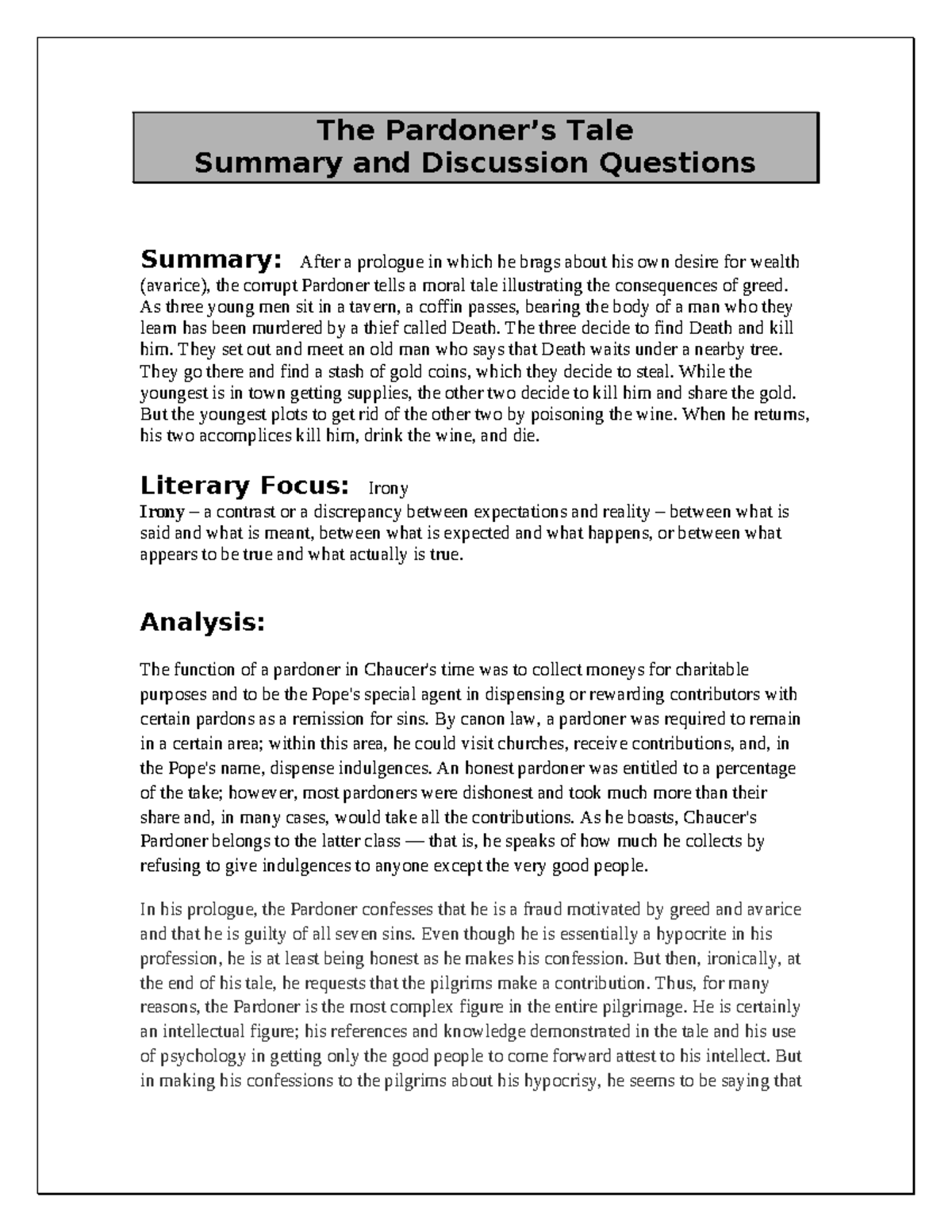 The Pardoner's Tale Discussion Questions - The Pardoner’s Tale Summary ...