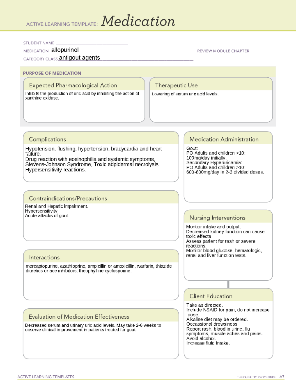 Allopurinol - Drug Card - NSG3022 - Studocu