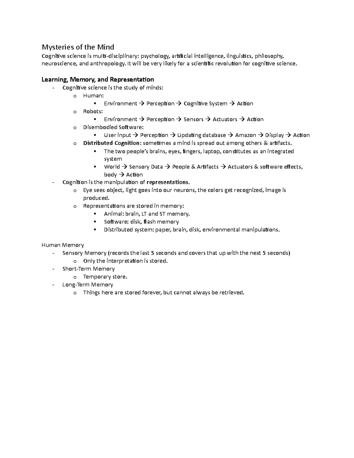 Mysteries of the Mind (Midterm One) Summary - Mysteries of the Mind ...