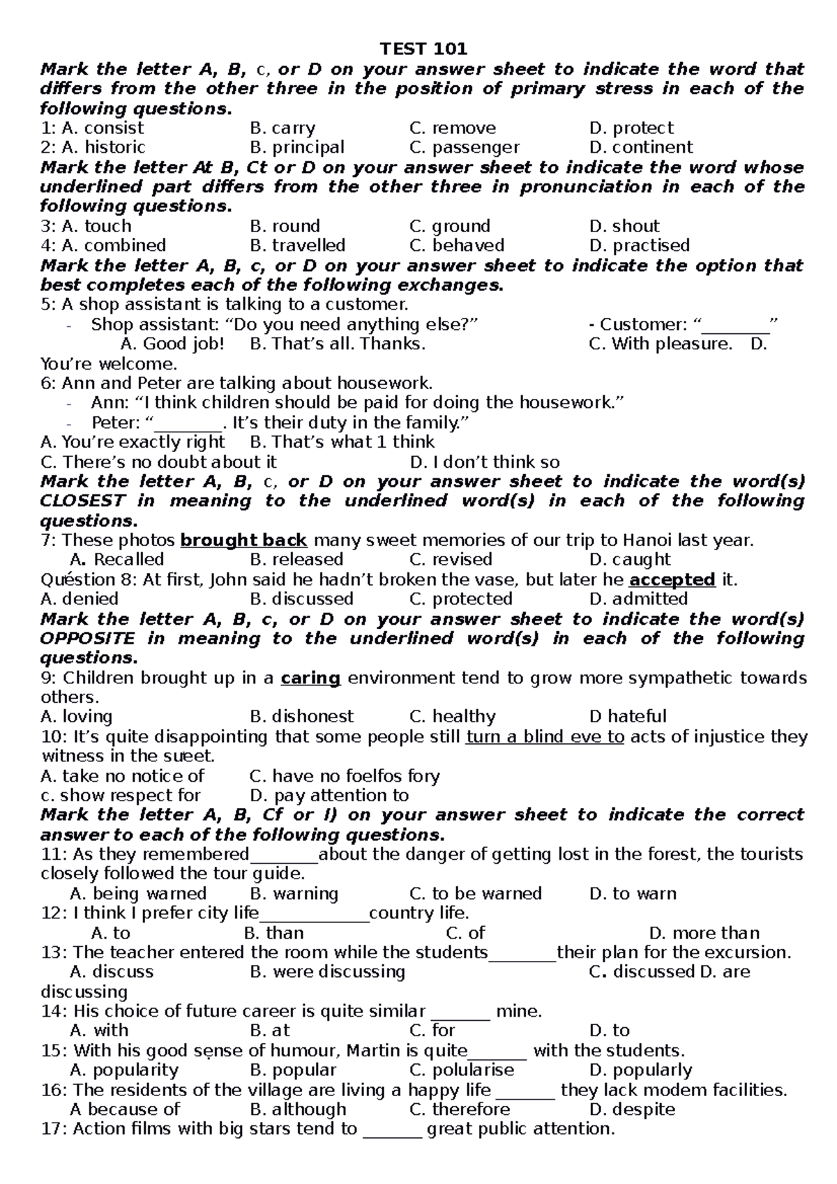 Test 101 2 - Test 98 3 - TEST 101 Mark the letter A, B, c, or D on your ...