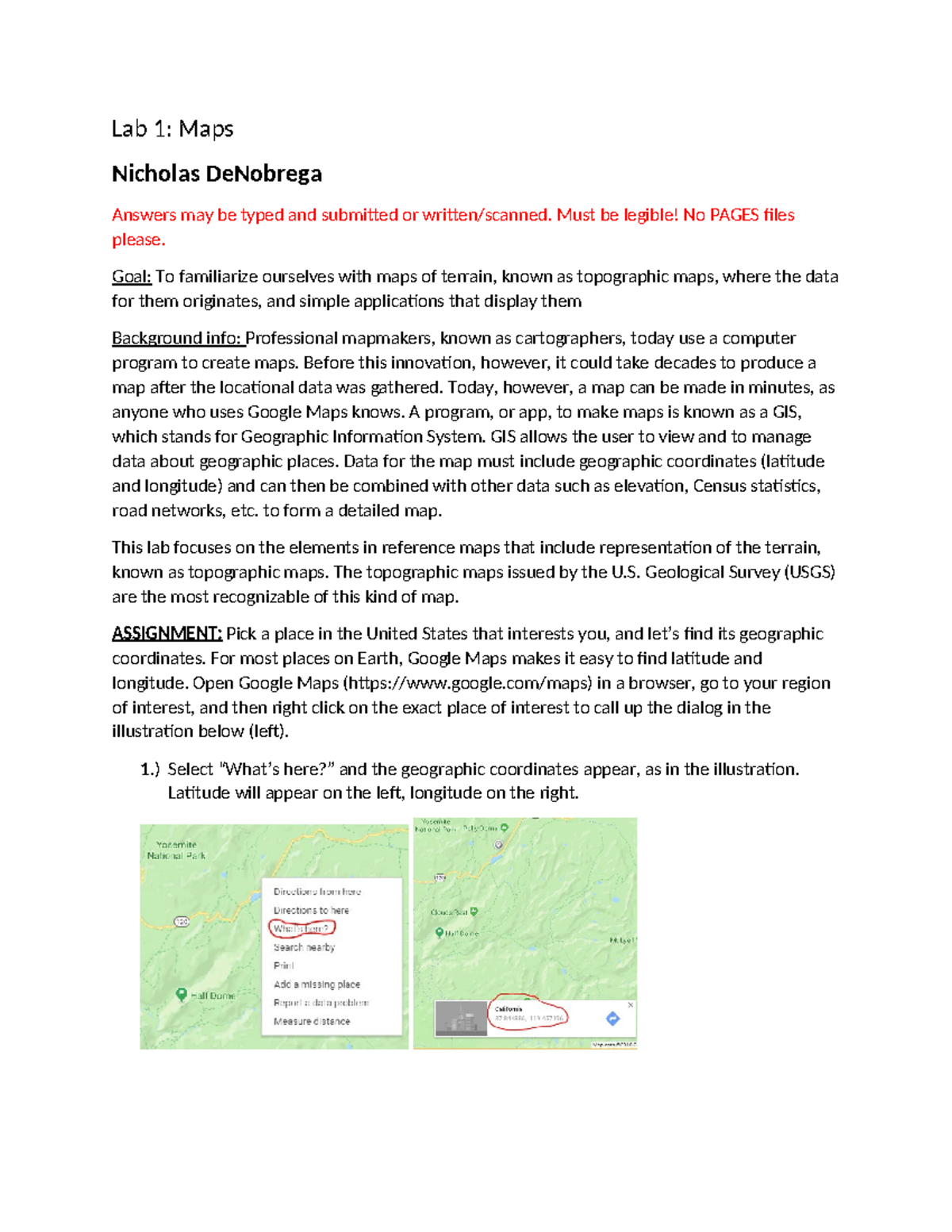 GEOG 101 Lab 1 Binghanton - Lab 1: Maps Nicholas DeNobrega Answers may be typed and submitted or ...