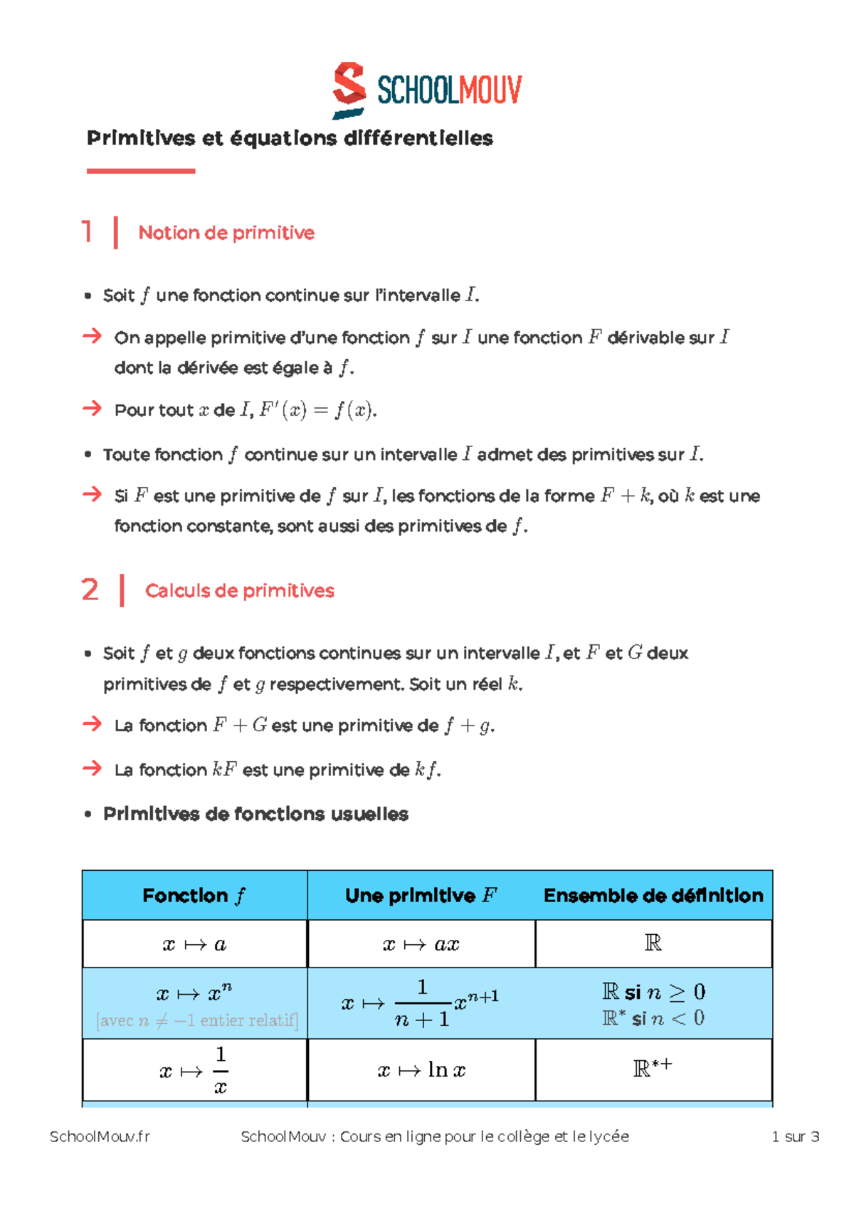 Primitives-equations-differentielles fiche-de-revision - SchoolMouv SchoolMouv : Cours en ligne ...