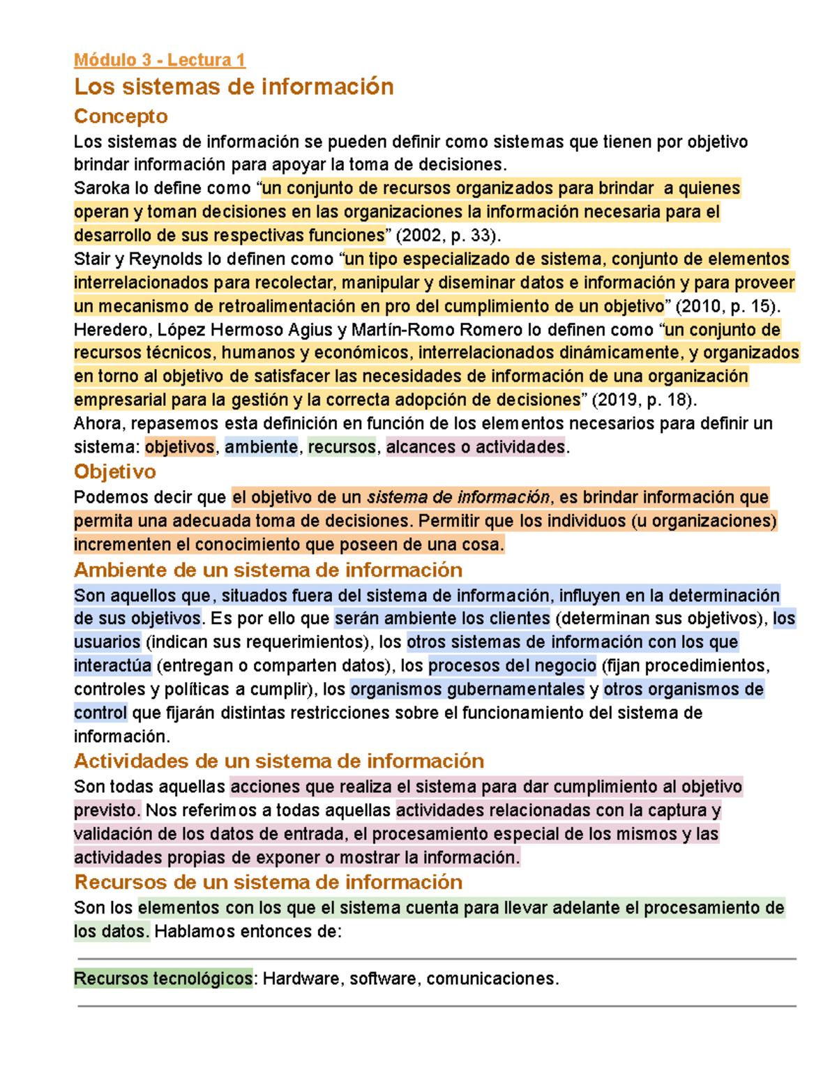 Resumen modulo 3 sistemas de informacion 2024 - Módulo 3 - Lectura 1 Los sistemas de información ...