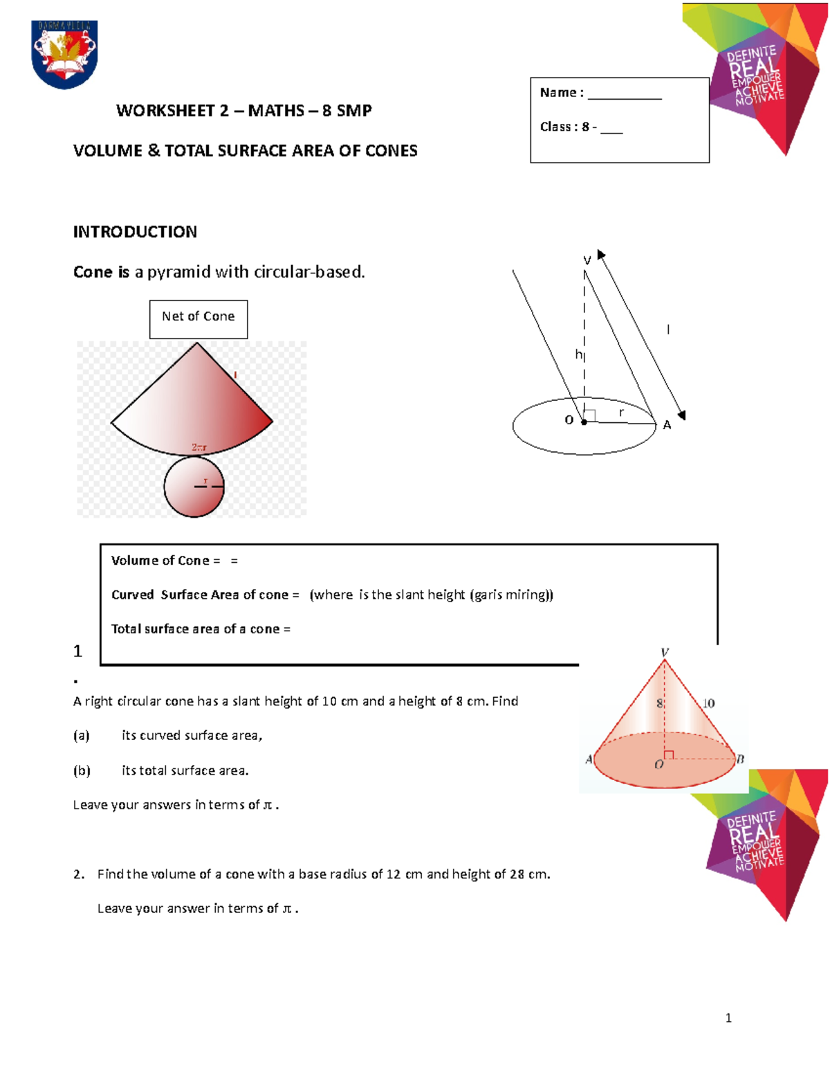 8SMP - Maths - Cones - Worksheet 2 - l V O A h r WORKSHEET 2 – MATHS ...